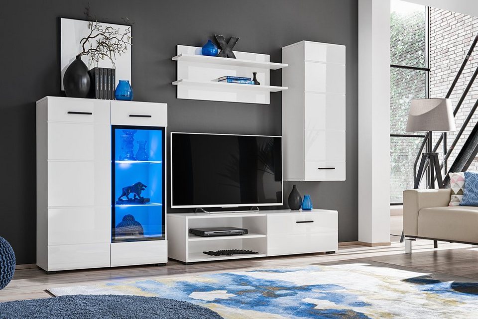 Stylefy Wohnwand Spree Weiß Weiß Hochglanz Wohnmöbel Wohnzimmer Set