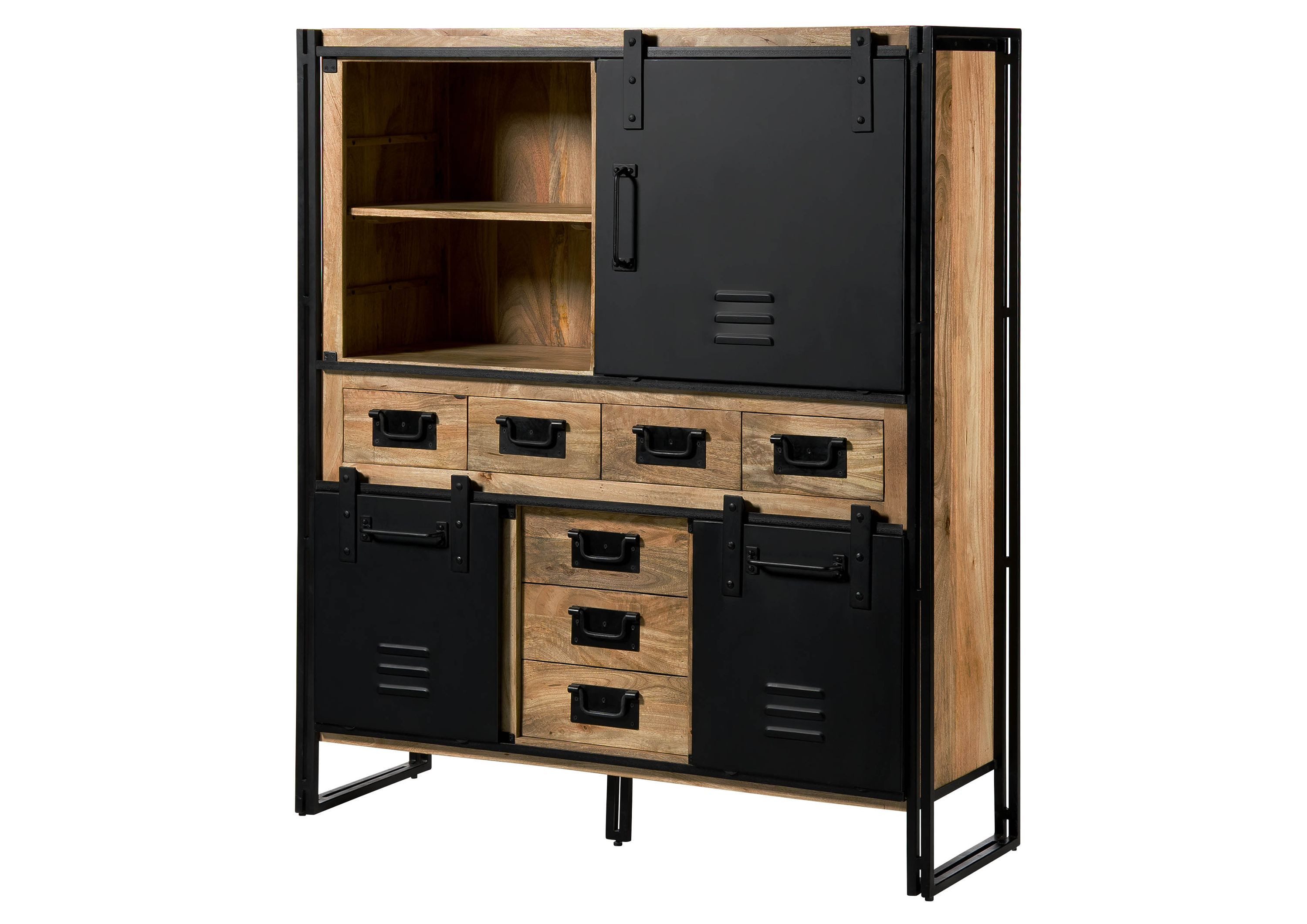 Massivmoebel24 Highboard Mango 140x45x160 Natur Klar Lackiert Metall