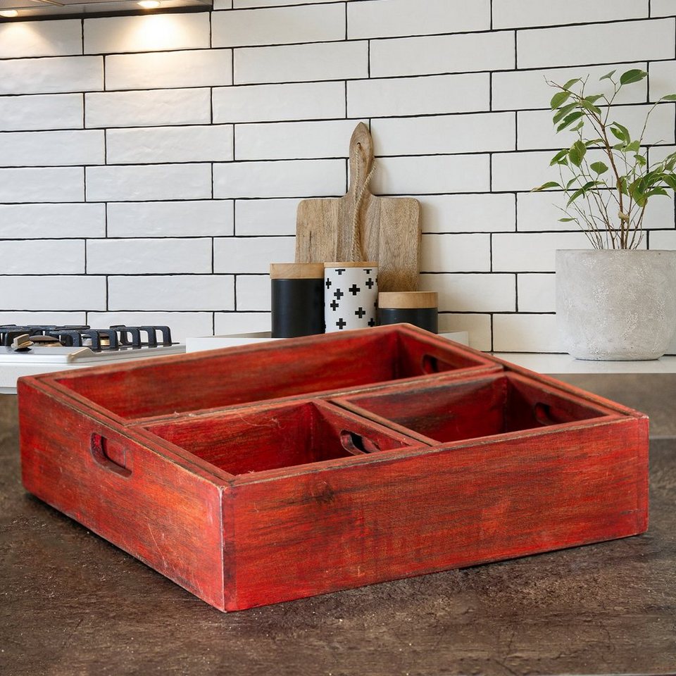 Antikas Dekotablett 4er Tablettset Aus Holz Rot Serviertablett