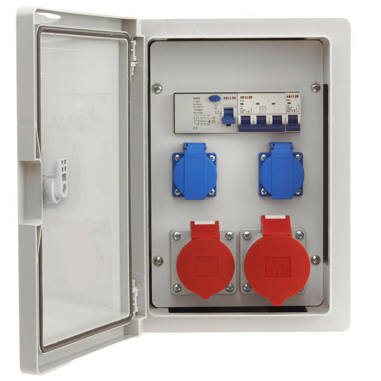 ADELID Stromverteiler, Wandverteiler 32A 16A 5-polig CEE 2x 230V LS/FI-Schalter 8-Module IP65