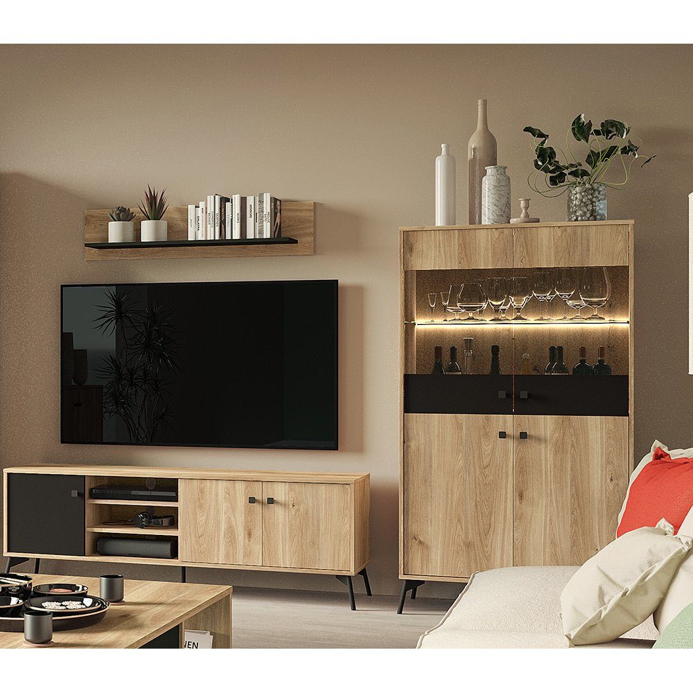 Lomadox Wohnwand Arona 131 3 St 3 Tlg Eiche Nb Mit Schwarz