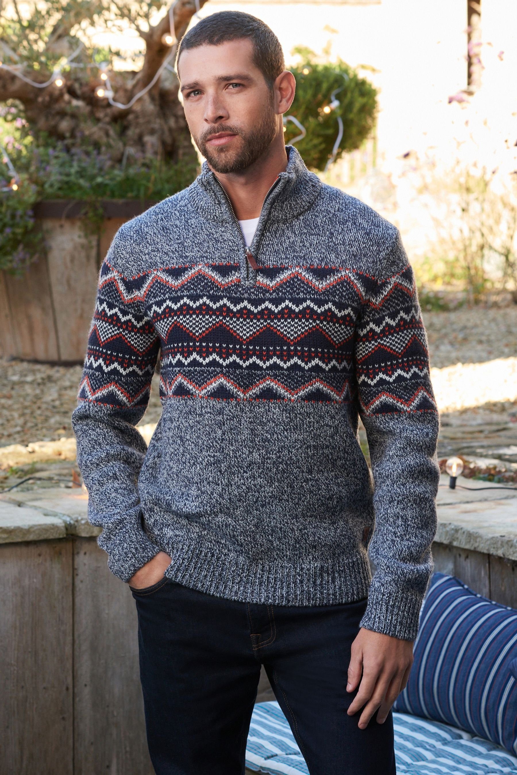 Next Troyer Pullover mit Norwegermuster-Zip-Hals (1-tlg)