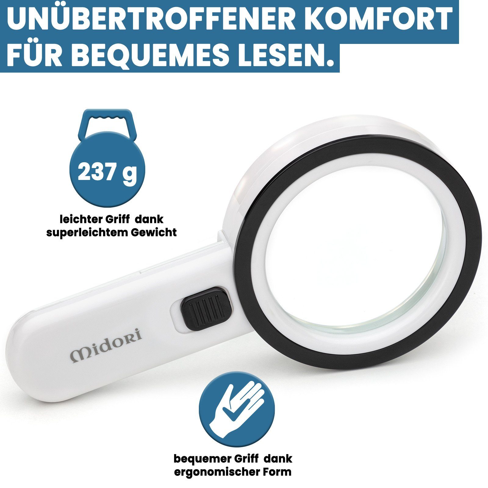 Midori Handlupe, 3-tlg., Leselupe Lupe Handlupe mit LED-Licht 30-fache ...