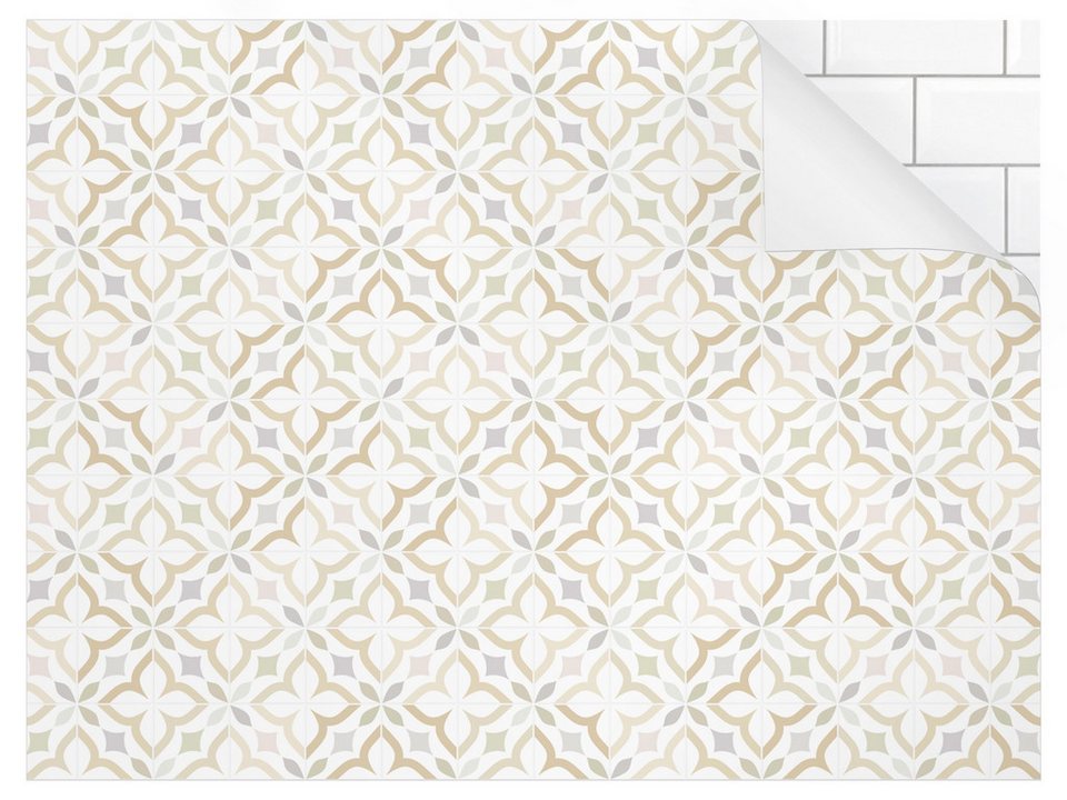 Bilderdepot24 Küchenrückwand Beige Dekor Vintage Fliesenoptik Ornamente