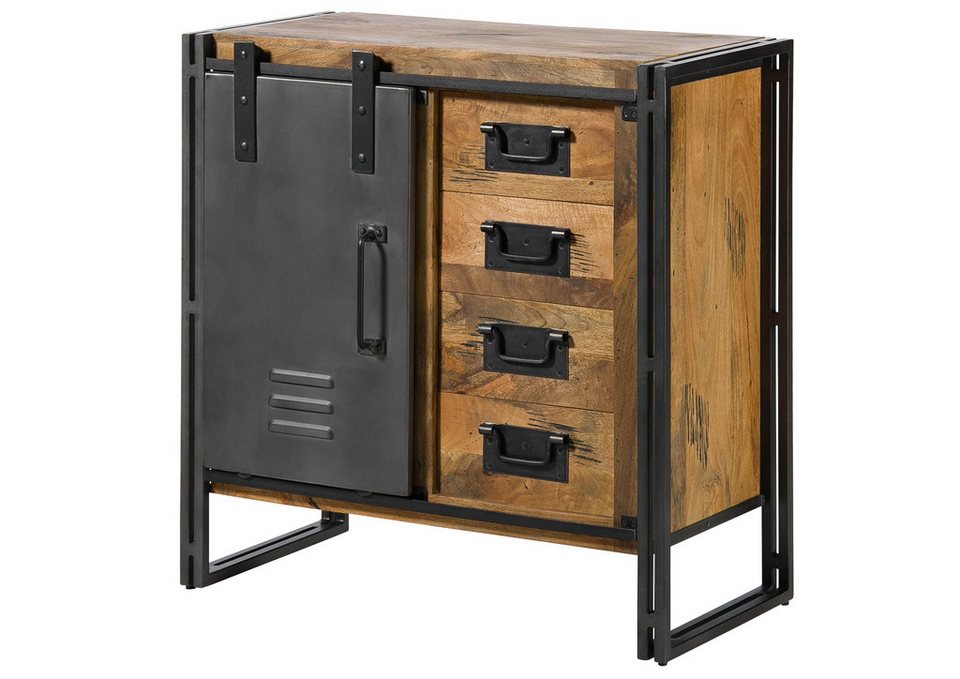 Massivmoebel24 Kommode Mango 90x45x90 Natur Lackiert Metall Grau