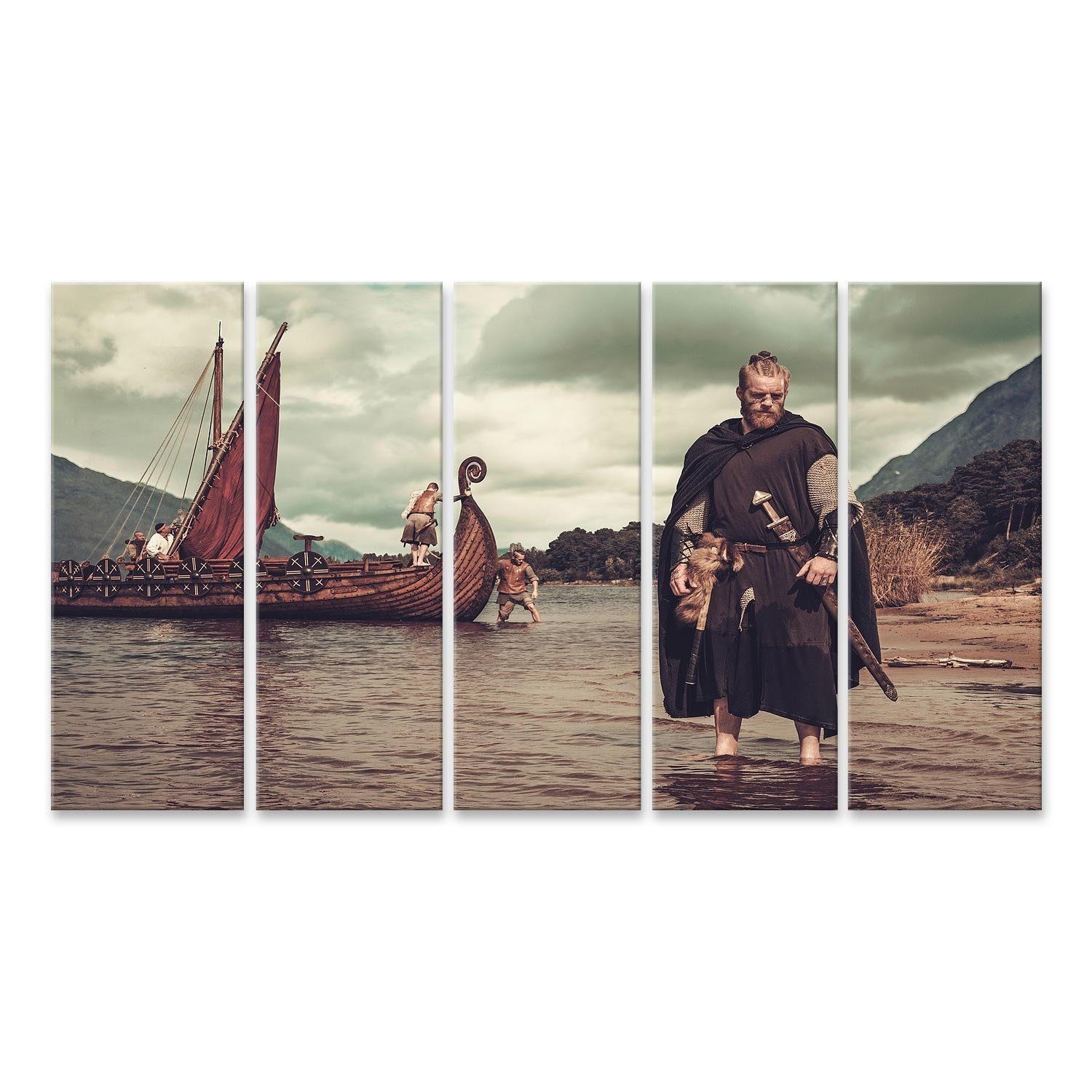 islandburner Leinwandbild »Bild auf Leinwand Viking Krieger Mit Schwert Stehend In Der Nähe Drakk«