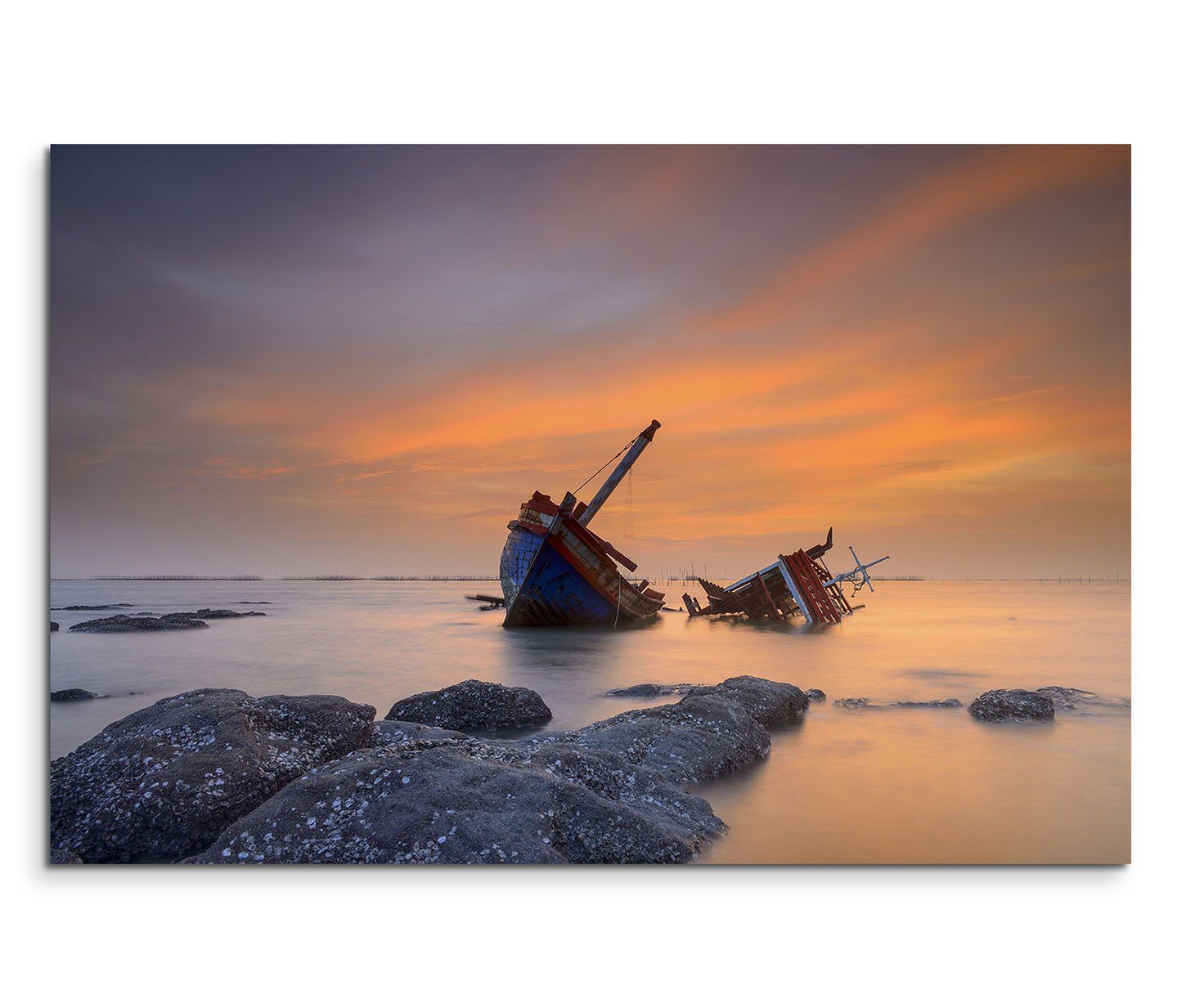 Sinus Art Leinwandbild 120x80cm Wandbild Thailand Meer Ufer Schiffswrack Sonnenuntergang