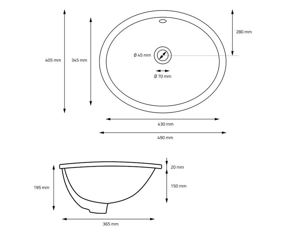 Hago Aufsatzwaschbecken Keramik Waschbecken Oval 490x405x195 Mm Weiß