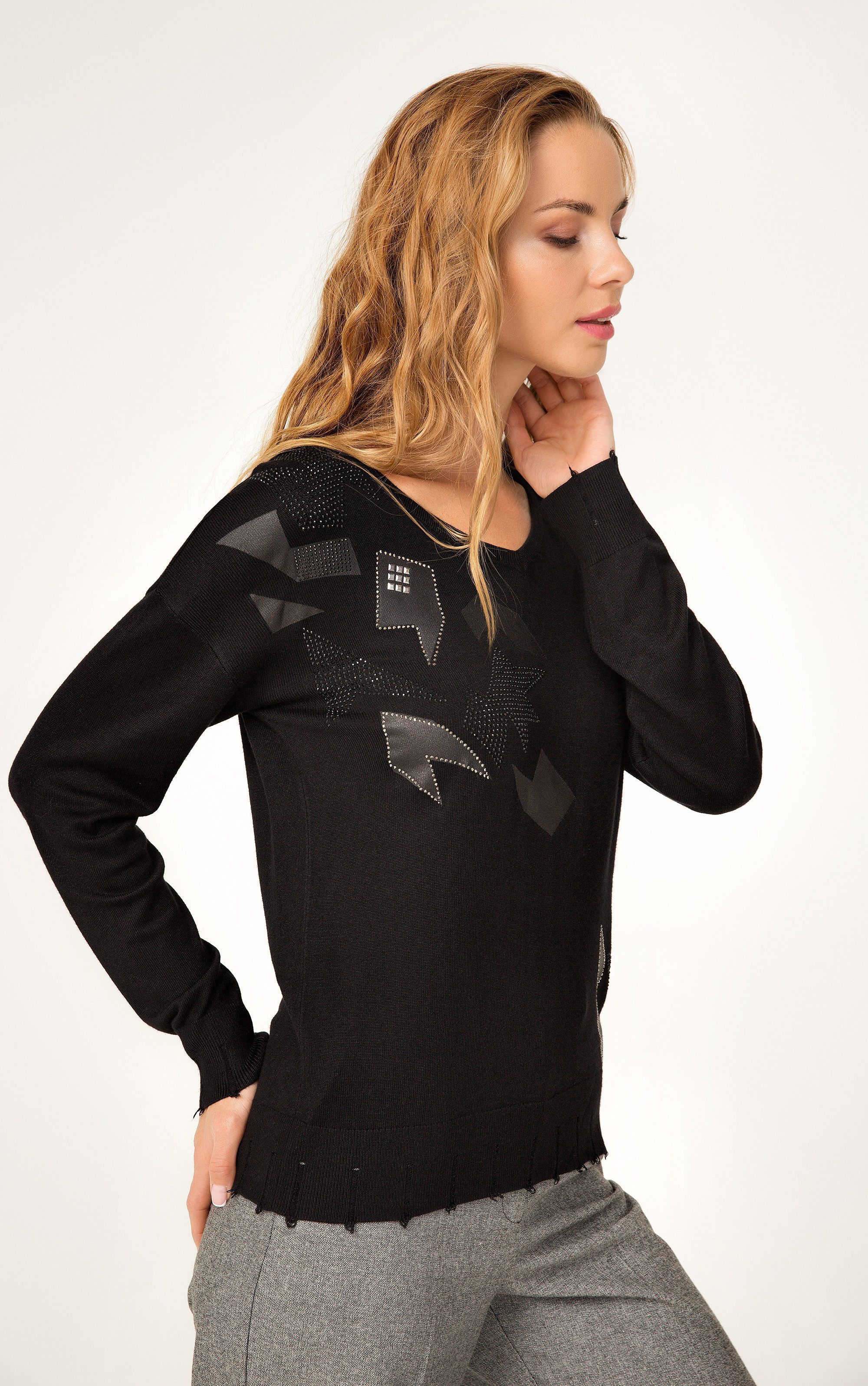 Passioni Strickpullover mit Strass- und glänzendem Hahnentritt Muster
