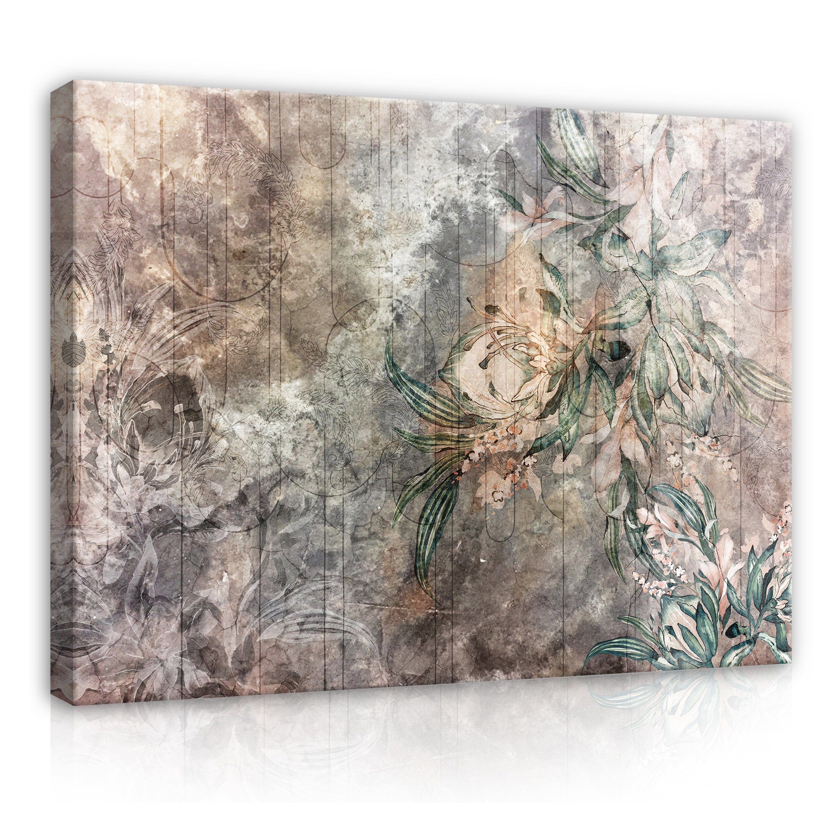 Wallarena Leinwandbild Blumen Vintage Beton Blätter Wandbild XXL Leinwandbilder Modern, Blumen ...