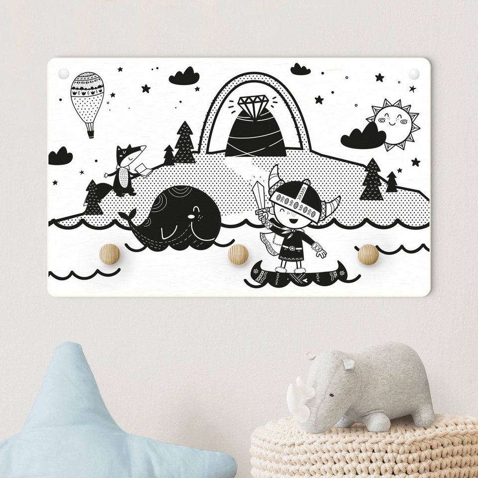 Bilderdepot24 Garderobenpaneel Schwarz Weiss Illustration Wikinger Pfad