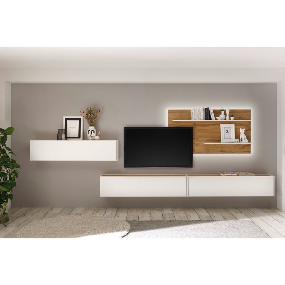Lomadox Tv Wand Crisp 61 4 Tlg Weiß Mit Absetzungen In Wotan Eiche