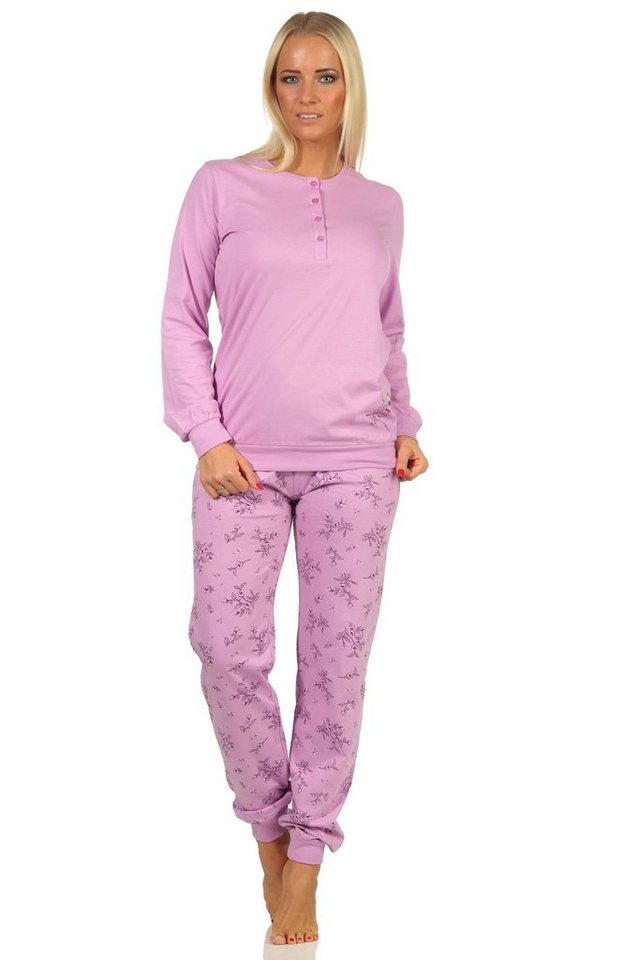 Normann Pyjama Damen Pyjama Langarm Schlafanzug Mit Bündchen In