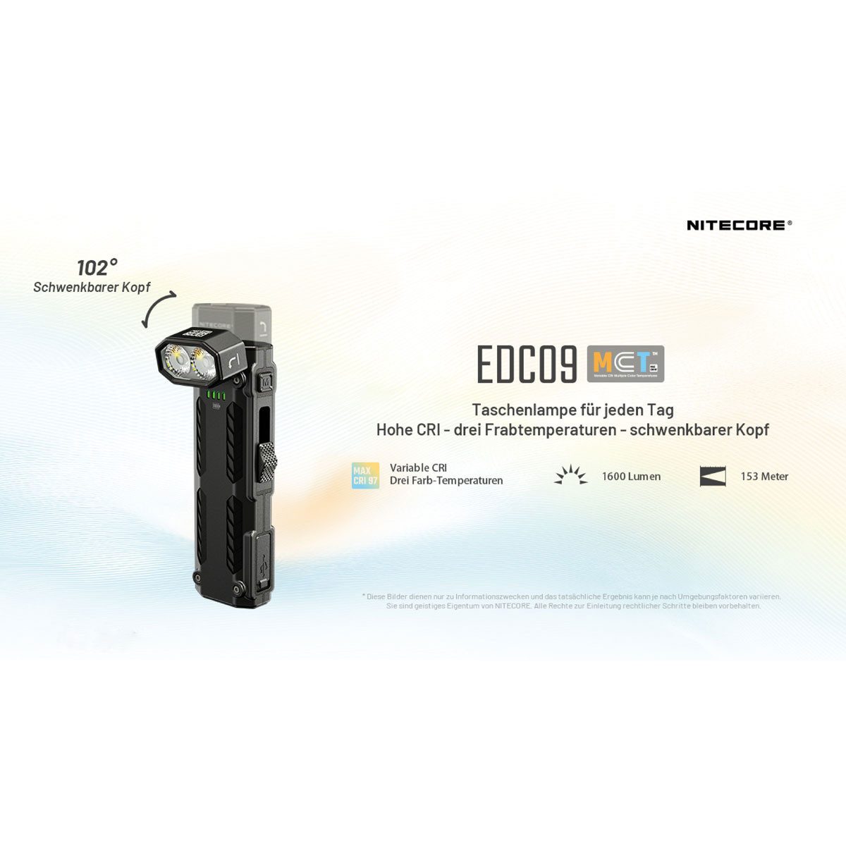 Nitecore LED Taschenlampe EDC09 MCT LED Winkellampe 1600 Lumen - Schwarz
