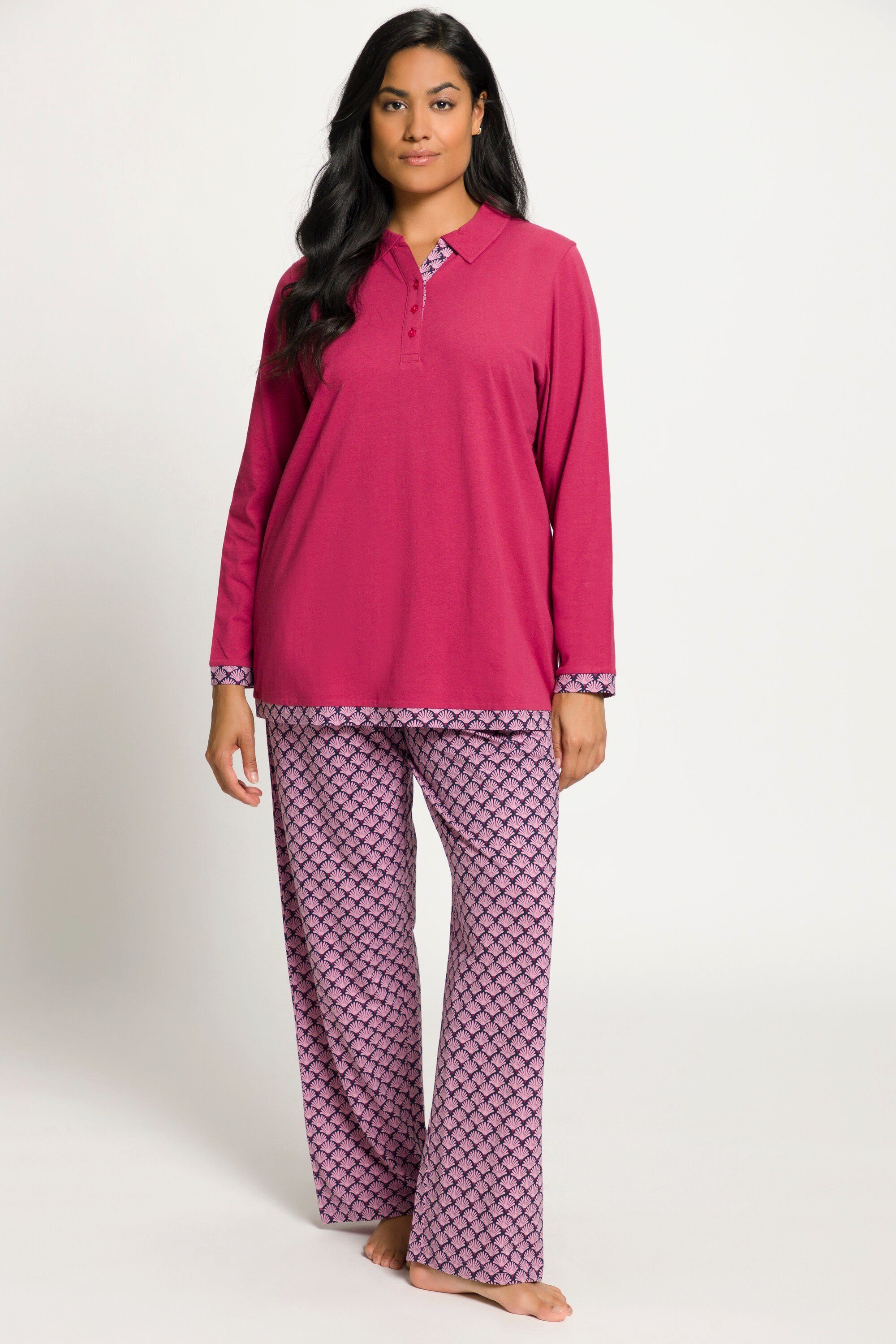 Ulla Popken Pyjama Pyjama Gemusterte Hose Polokragen Langarm