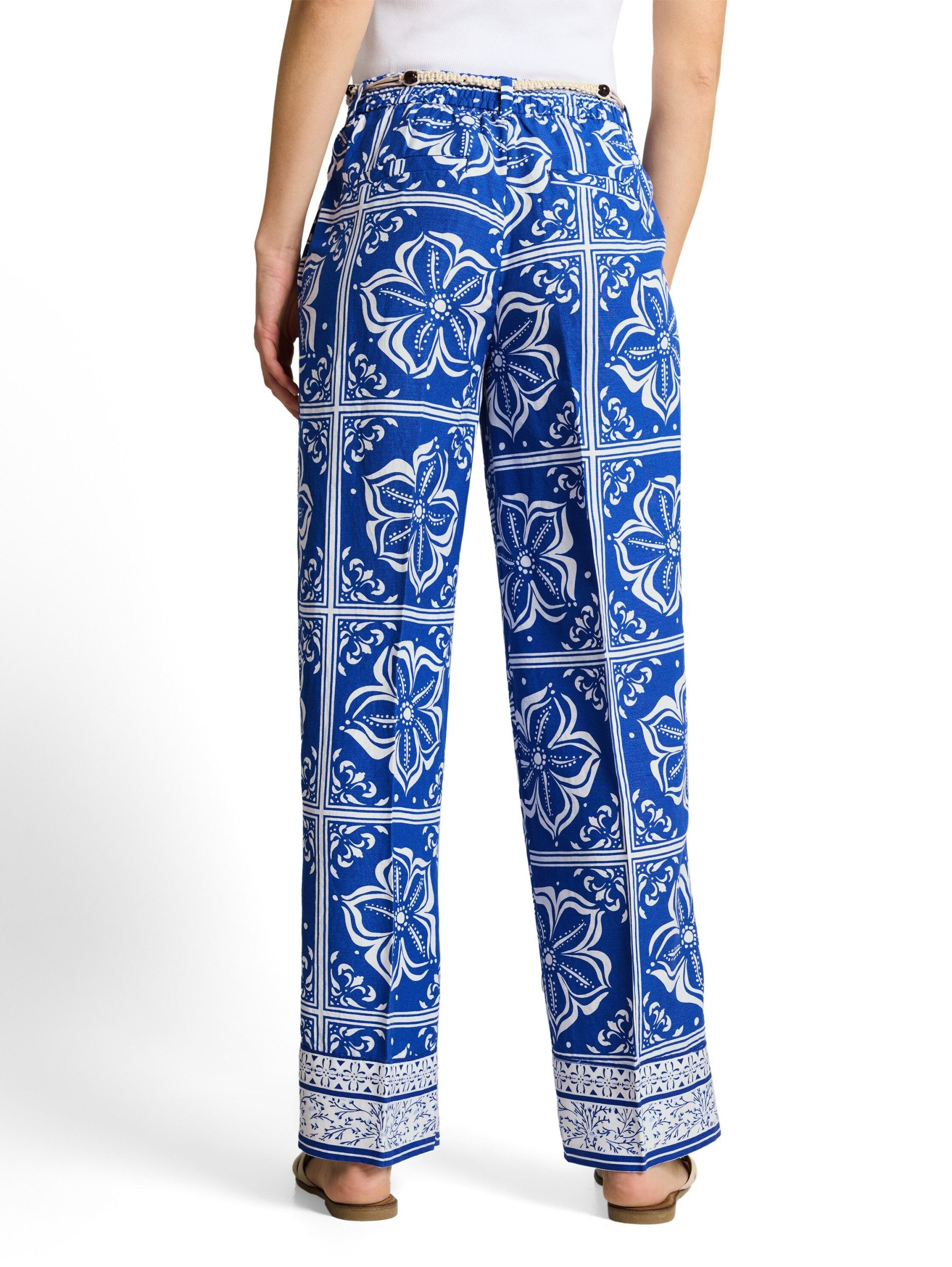 TOM TAILOR Chinohose linen wide leg pants, blue flower tile design