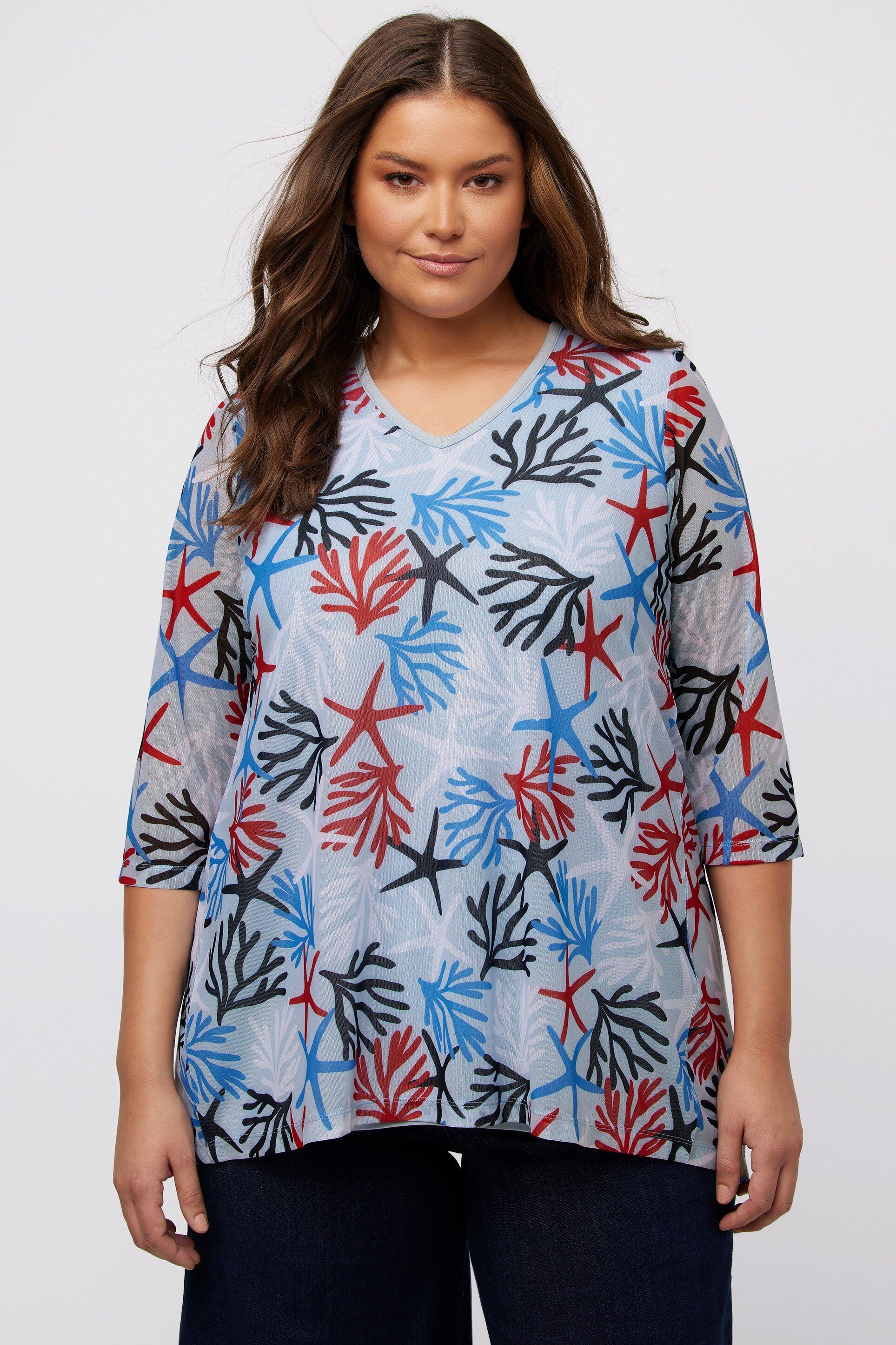 Ulla Popken Rundhalsshirt Shirt Doppellagig A Linie V Ausschnitt 34 Arm