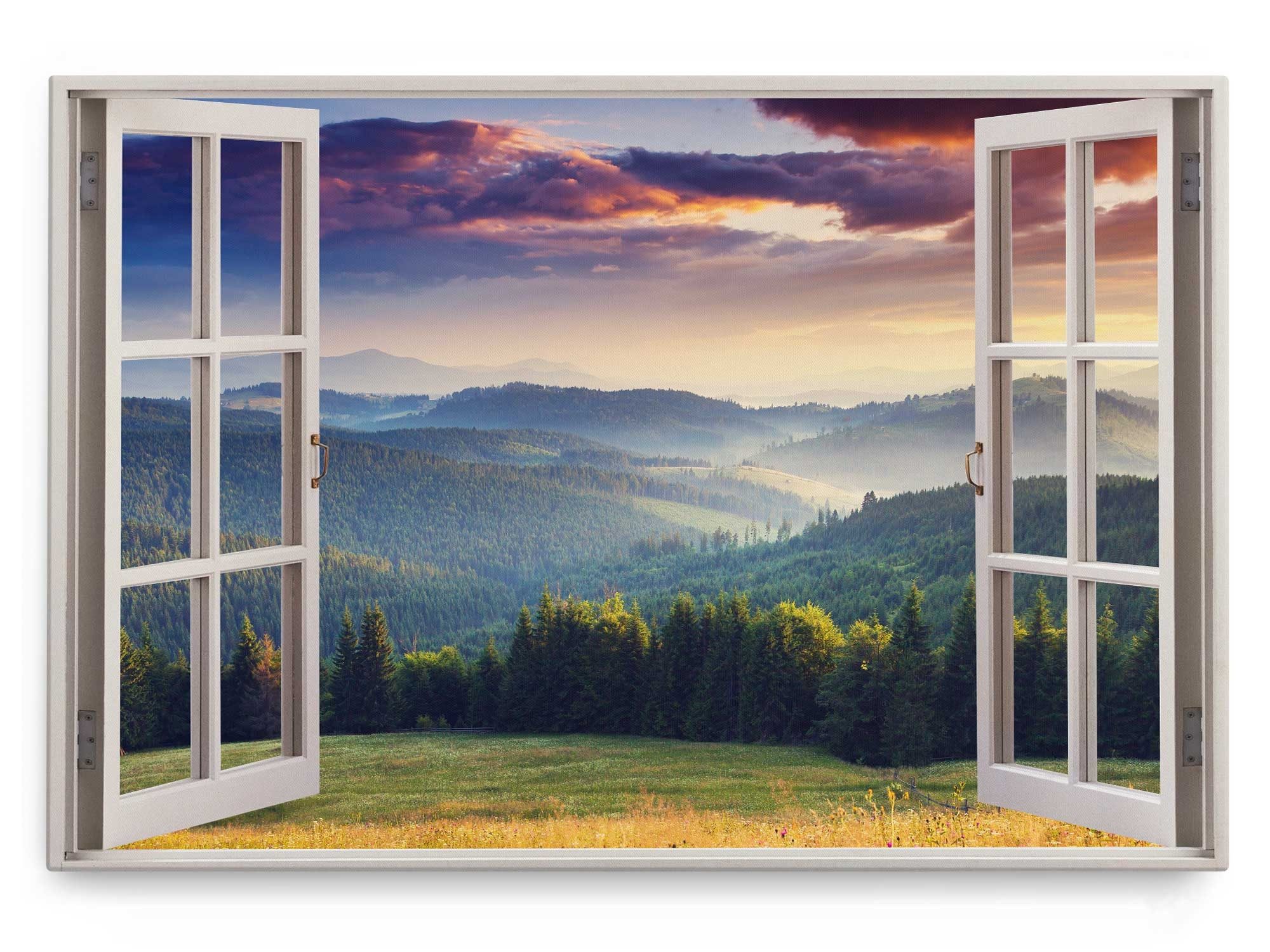 Sinus Art Leinwandbild Wandbild 120x80cm Fensterbild Natur Landschaft Berge Wald Bäume Sonnen ...