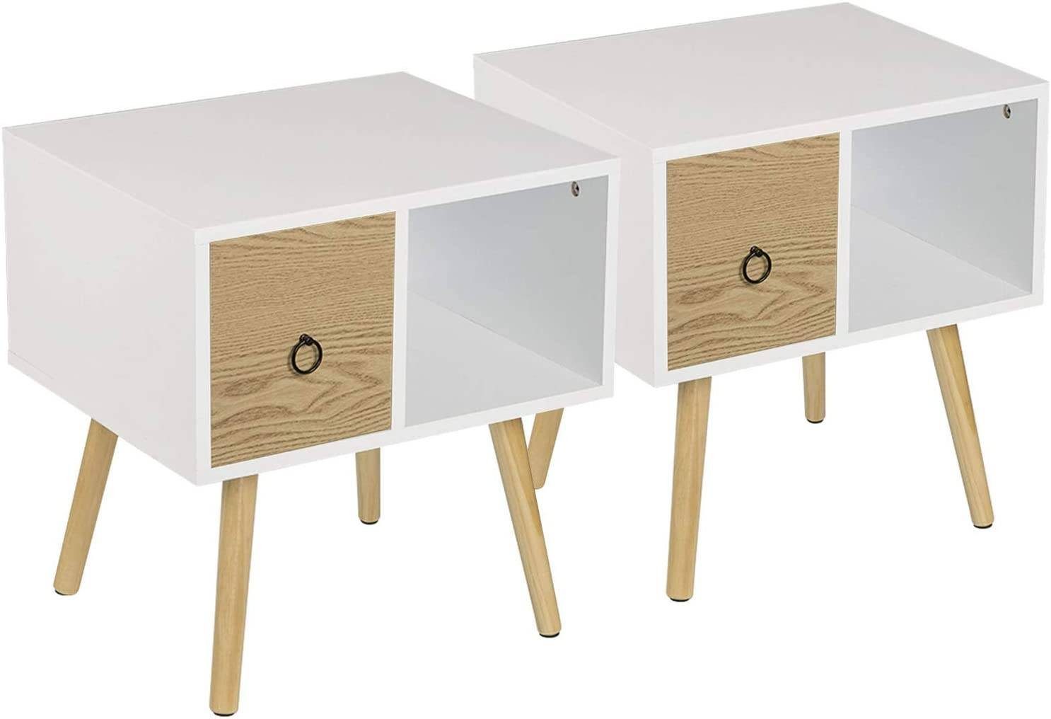 Woltu Nachttisch, 2er-Set mit Schublade und Offenem Fach, mit Beinen, Holz, 2er-Set Nachttisch ...