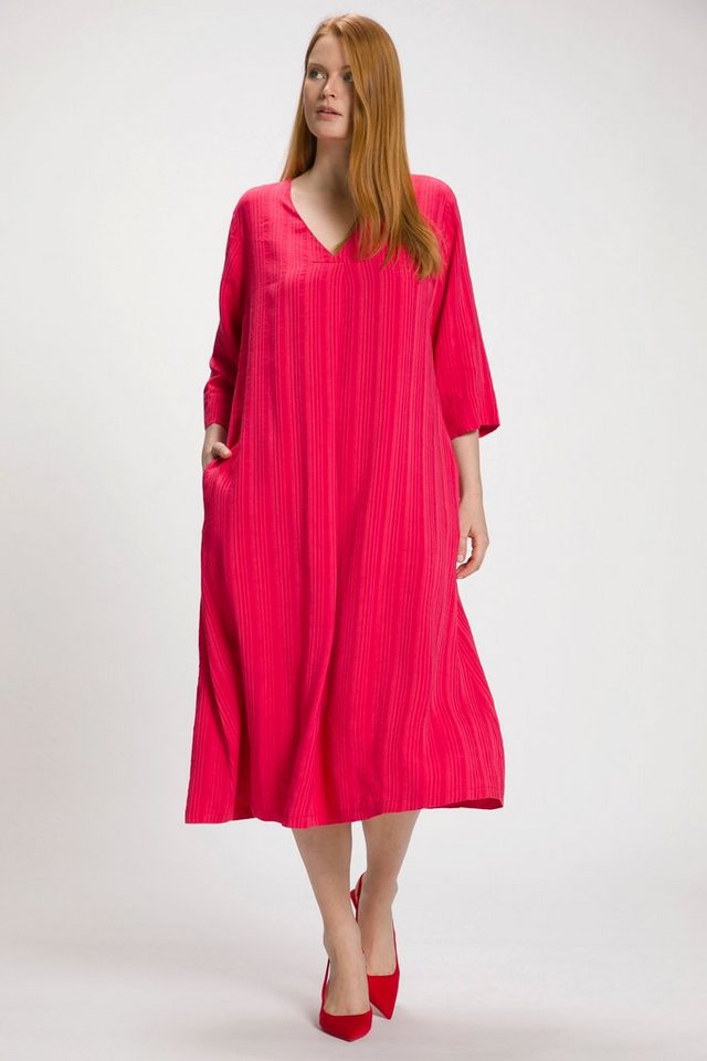 Ulla Popken Jerseykleid Midikleid Seersucker Streifen V Ausschnitt 3 4
