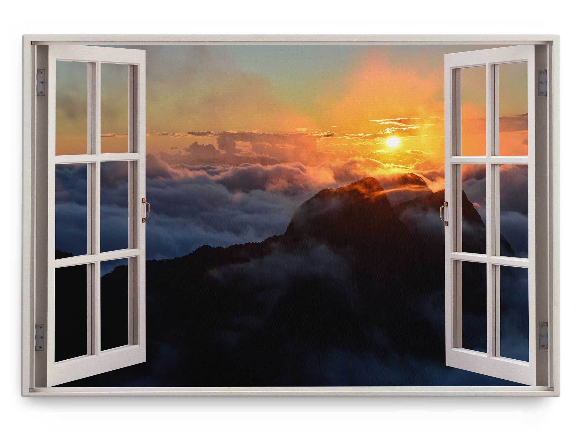 Sinus Art Leinwandbild Wandbild 120x80cm Fensterbild Über den Wolken Berge Sonnenuntergang Be ...