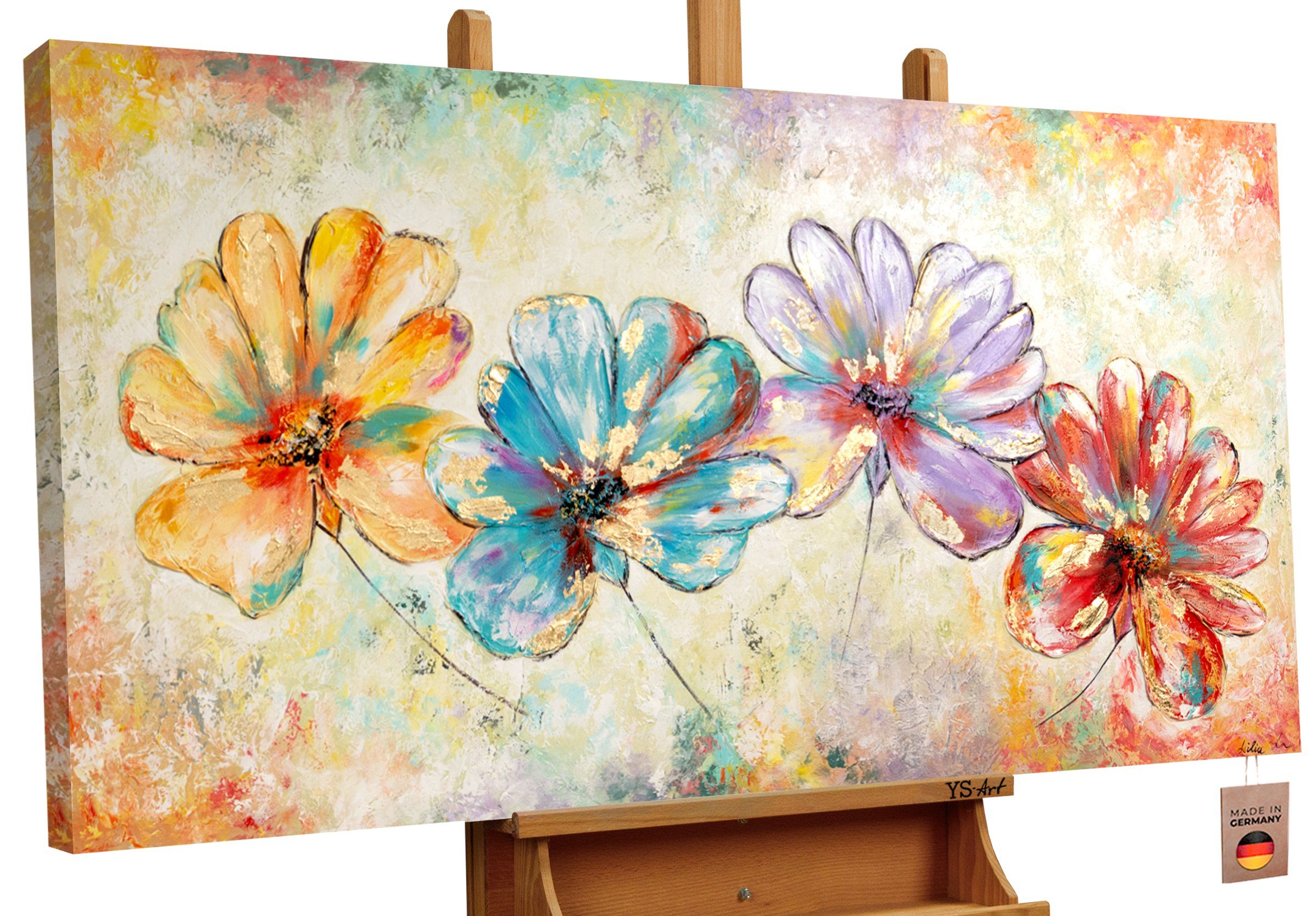 YS-Art Gemälde Schöne Blumen, Blumen, Bunte Blumen auf Leinwand Bild Handgemalt Gold