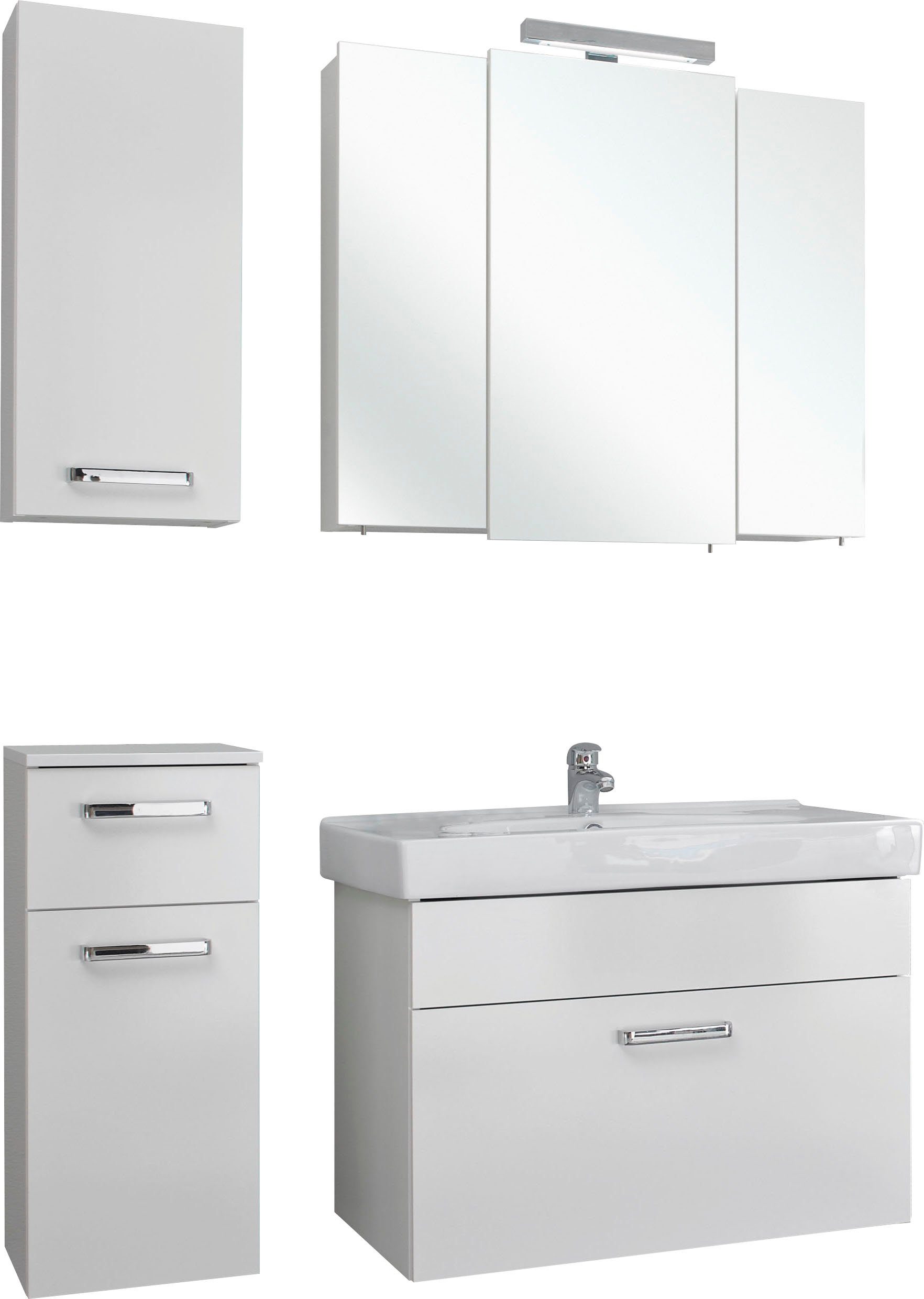 Saphir Badmöbel-Set Quickset 4-teilig, Keramik-Waschtisch mit LED-Spiegelschrank, (5-St ...