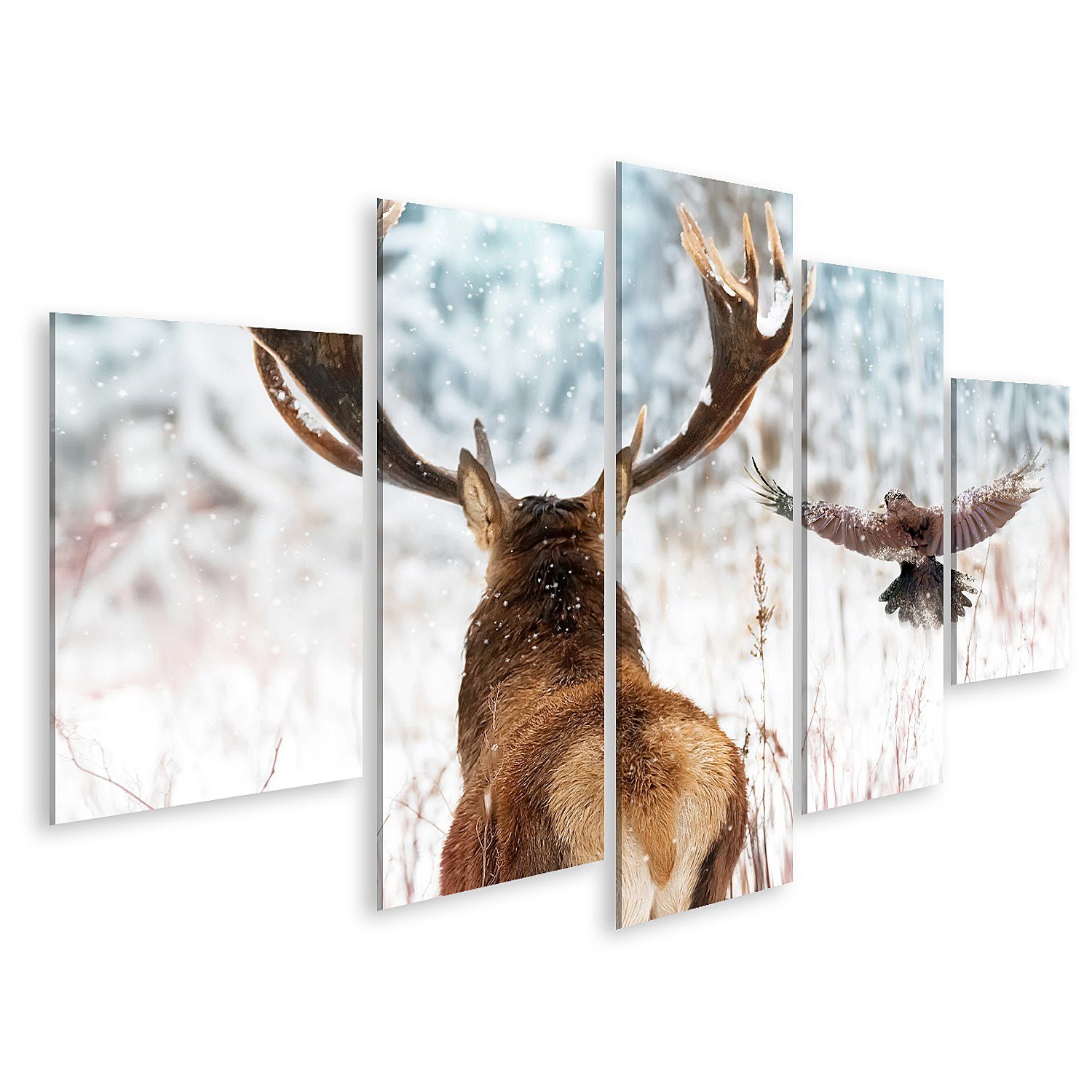 islandburner Leinwandbild Bild auf Leinwand Edler Hirsch Große Hörner Rabe Flug Wintermärchen ...