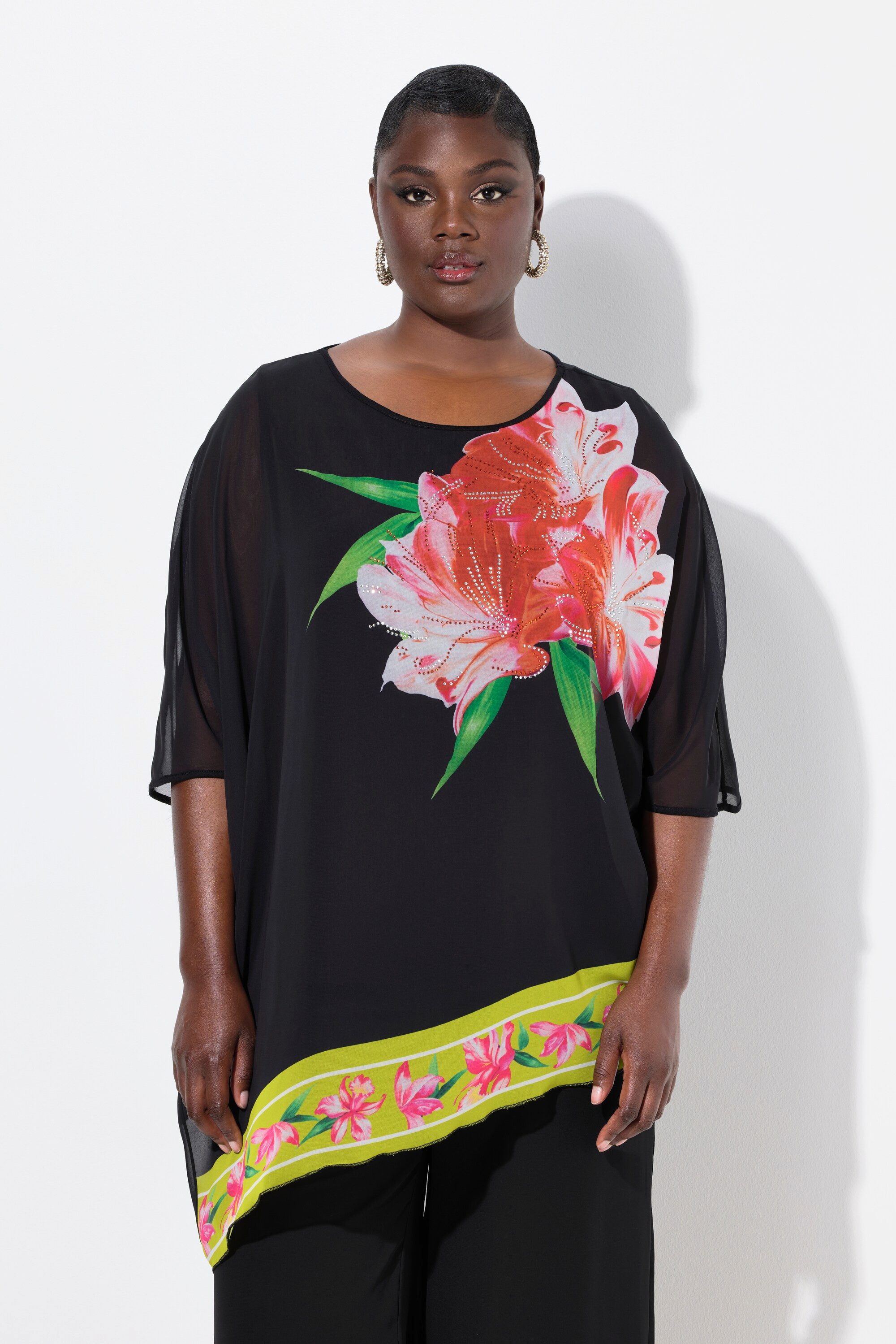 Ulla Popken Longbluse Chiffonbluse doppellagig Glitzerblüte Rundhals