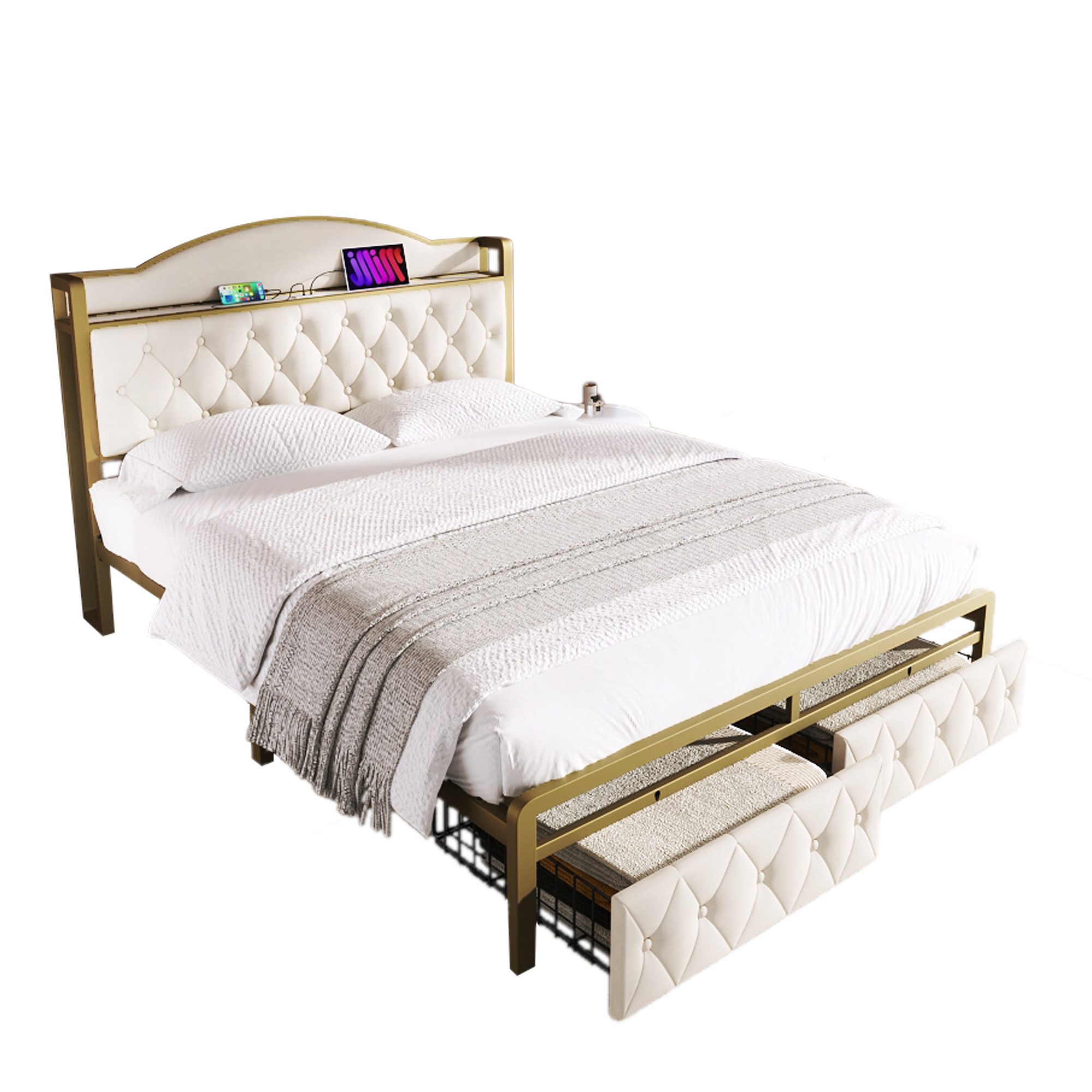 Welikera Polsterbett Doppelbett Mit Usb Typ C Ladefunktionschubladen