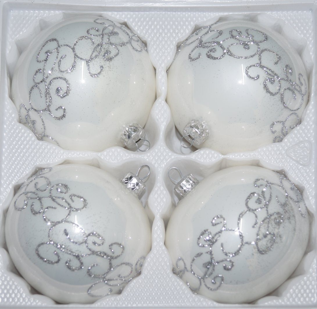Navidacio Weihnachtsbaumkugel 4tlg Glas-Weihnachtskugeln Set 10cm Ø "Hochgl.-Weiss-Silber ...
