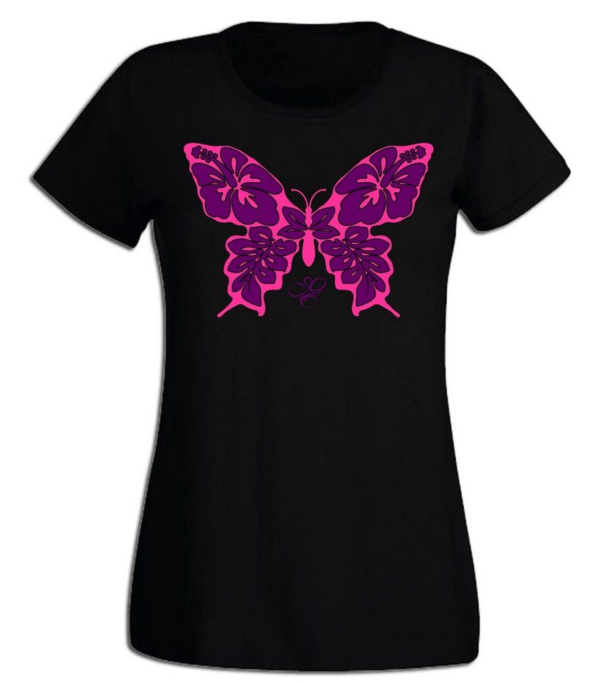 G Graphics T Shirt Damen T Shirt Hibiskus Schmetterling Pink Purple