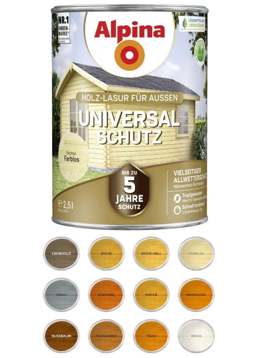 Alpina Lasur Alpina Universal Holzlasur Holzschutz für Außen, 5 Jahre Schutz, Holzschutz, beugt ...