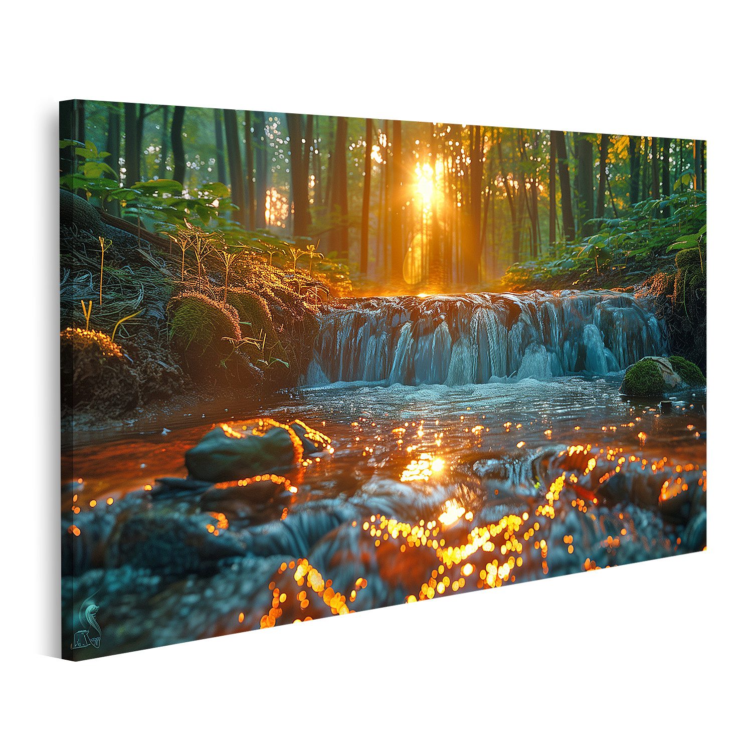islandburner Leinwandbild, Sonnenaufgang im magischen Wald mit Wasserfall, Format: 100x57cm