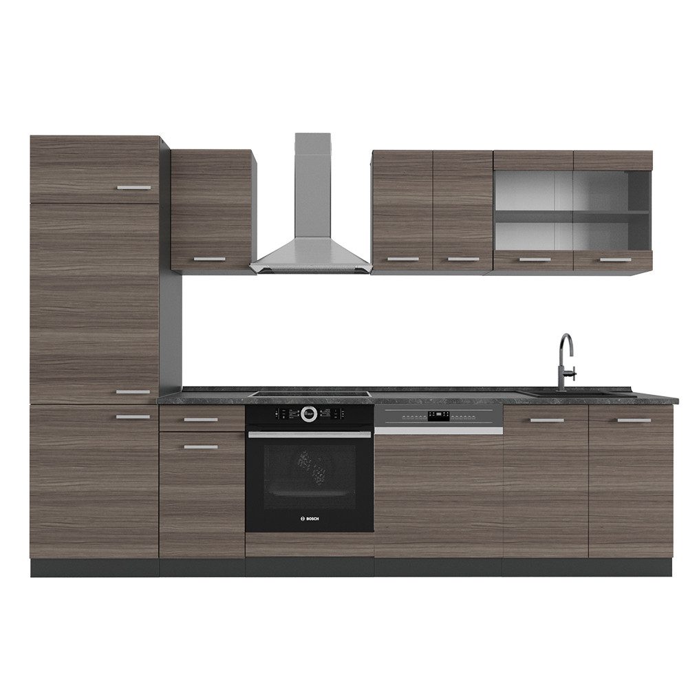 Vicco Küchenzeile R-Line, Goldkraft Eiche/Anthrazit, 300 cm, AP Anthrazit