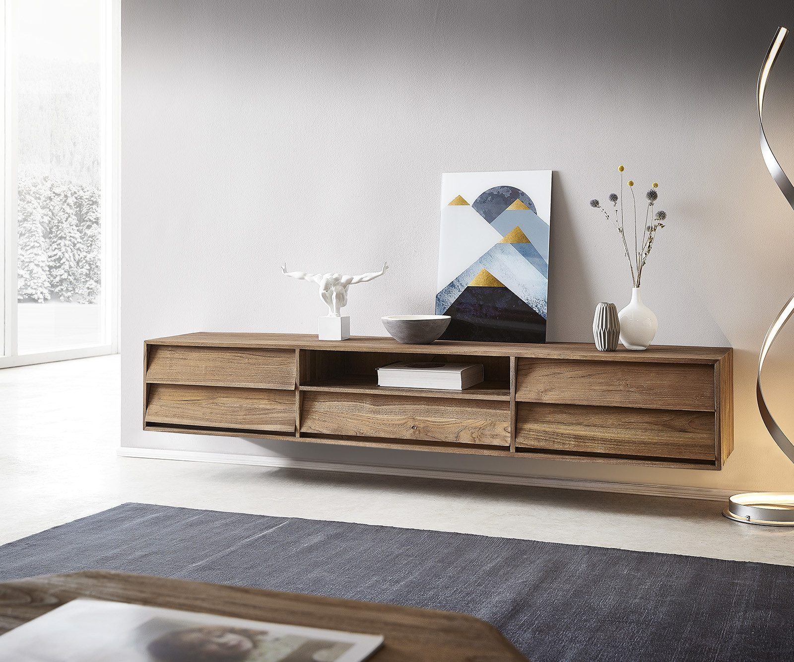 DELIFE Lowboard Eloi, Natur 200x40cm Teak Lowboard Schwebend