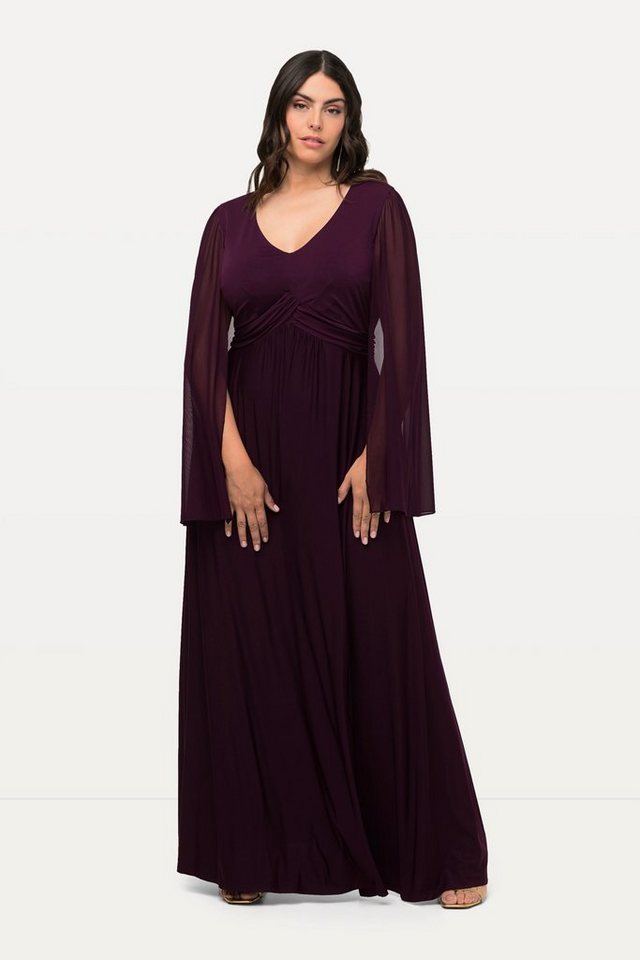 Ulla Popken Cocktailkleid Maxikleid A Linie V Ausschnitt Mesh Flügelärmel