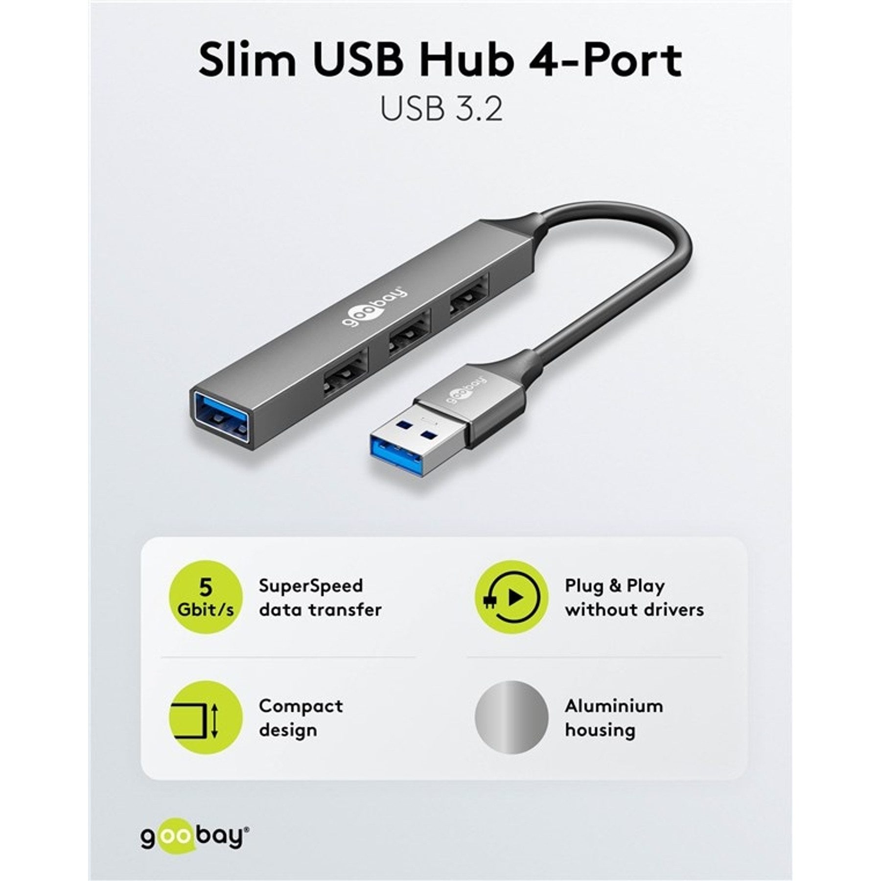 Goobay GOOBAY USB3.2 Hub 74456 Slim 4 Port USB-A auf USB-Adapter, Erweitert einen USB-A ...