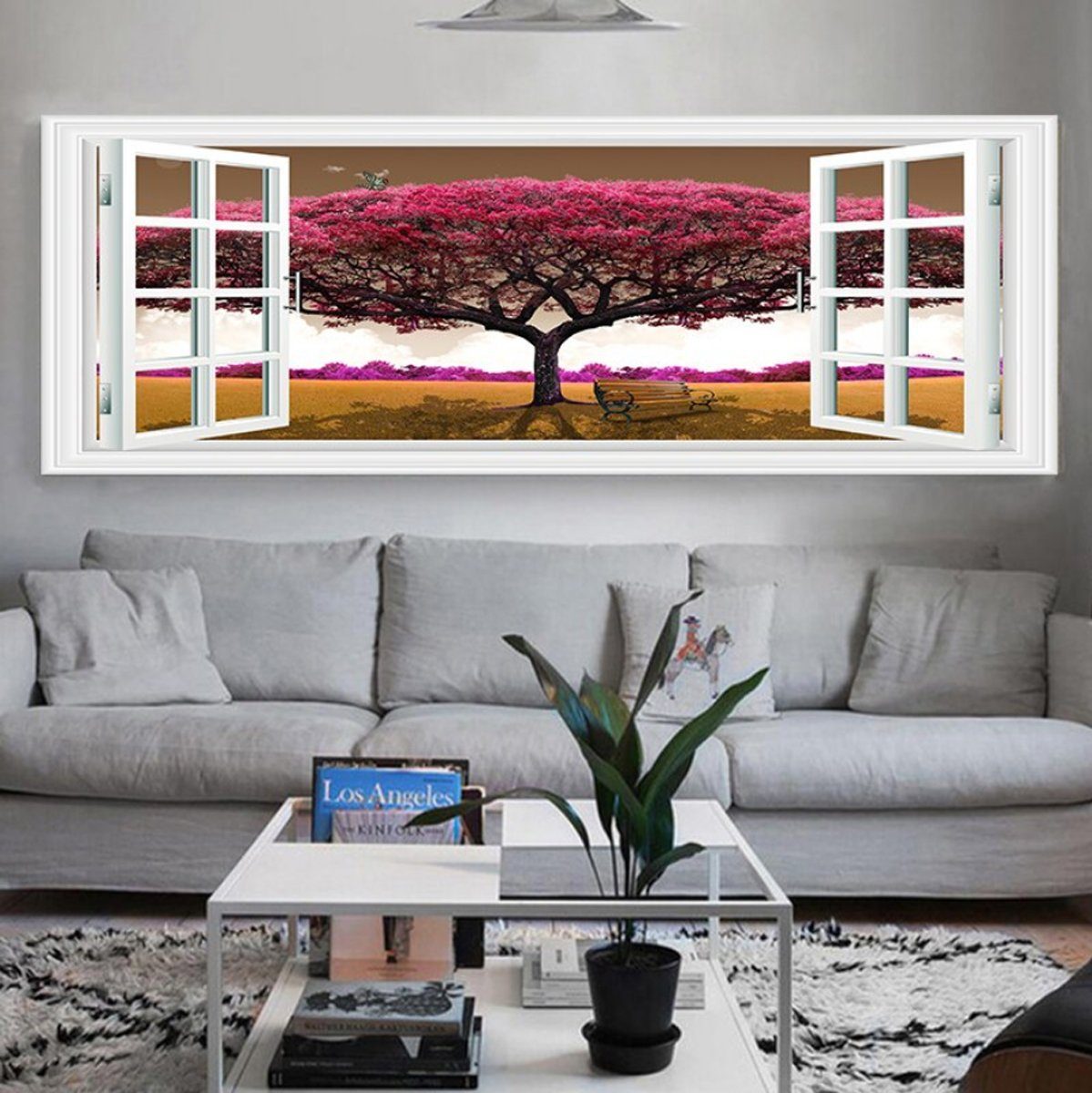 TPFLiving Kunstdruck (OHNE RAHMEN) Poster - Leinwand - Wandbild, Landschaft grüner Baum rote ...