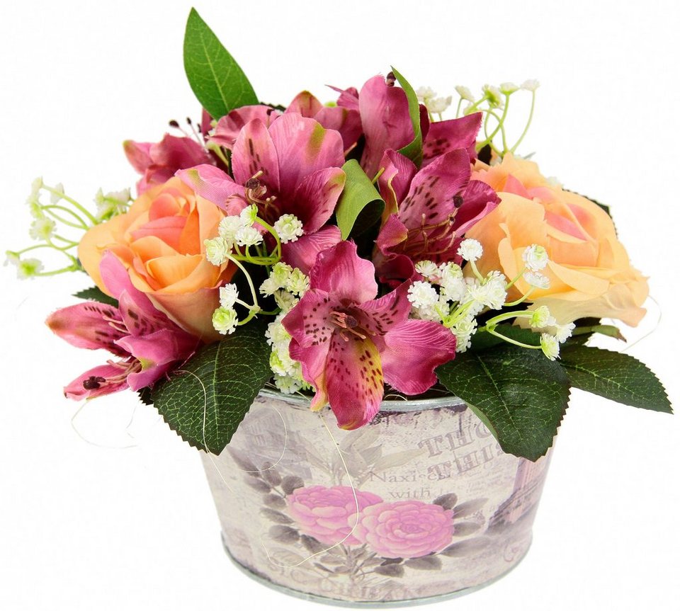 Kunstpflanze Gesteck Rosen In Zinktopf Rosenalstromeria Igea
