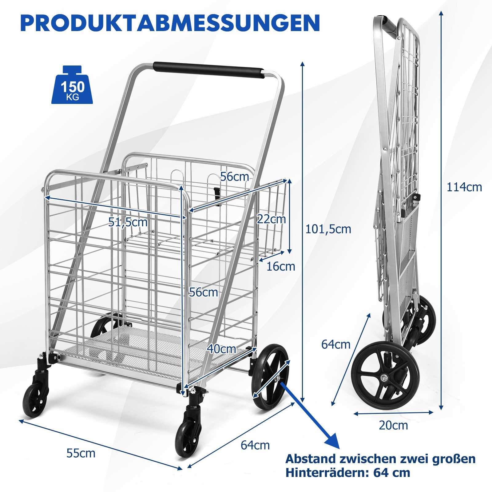 COSTWAY Einkaufstrolley, mit Doppelkorb & 360° drehbaren Rädern, bis ...