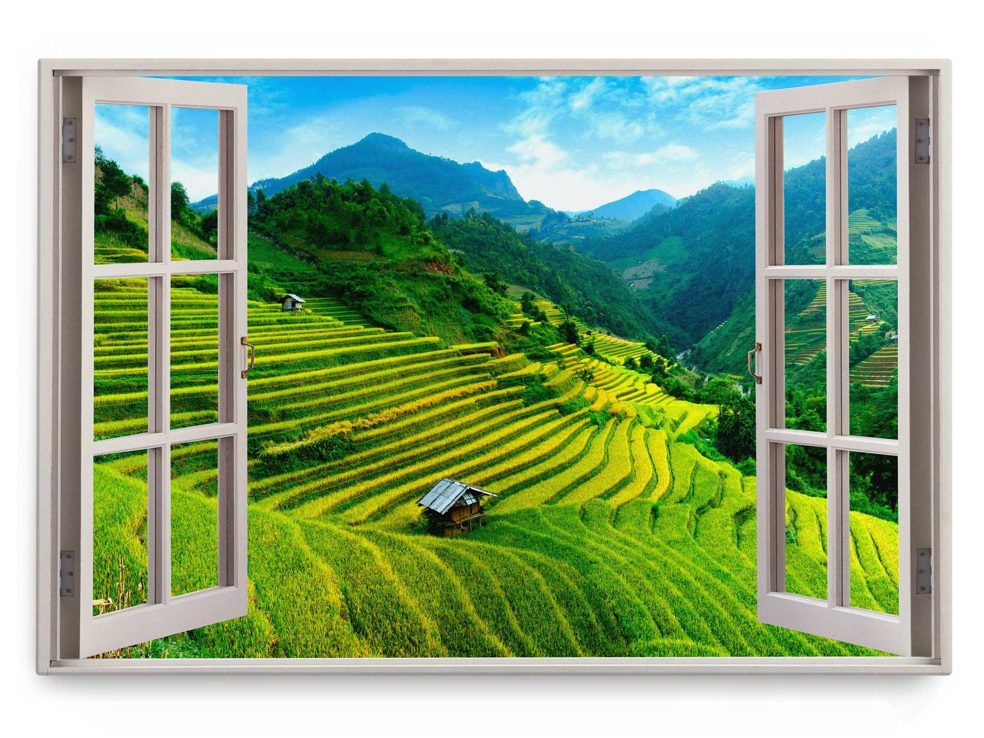Sinus Art Leinwandbild Wandbild 120x80cm Fensterbild Vietnam Berge Grün Reisanbau Natur Lands ...