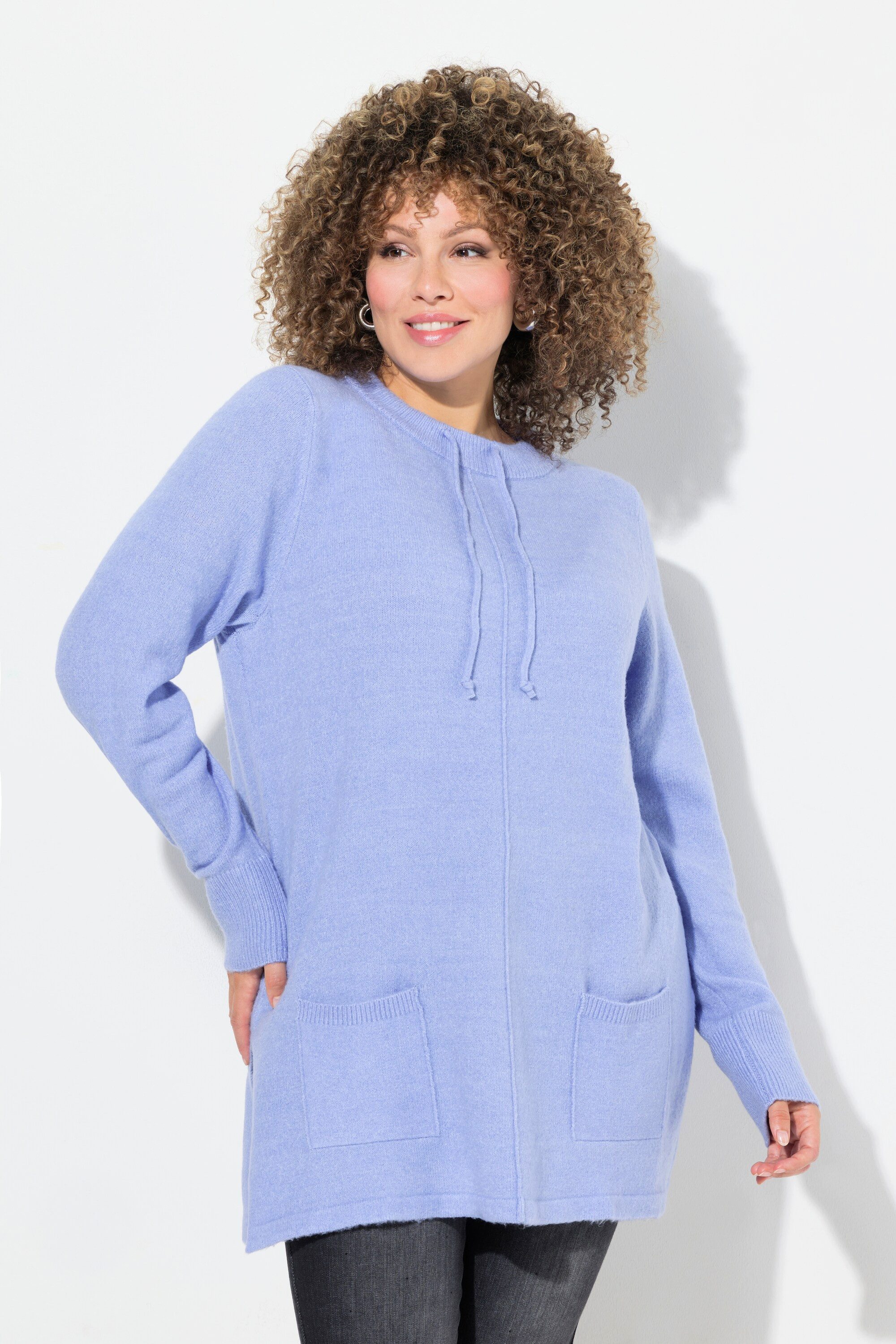 Ulla Popken Strickpullover Pullover Stehkragen Kordel Taschen Langarm