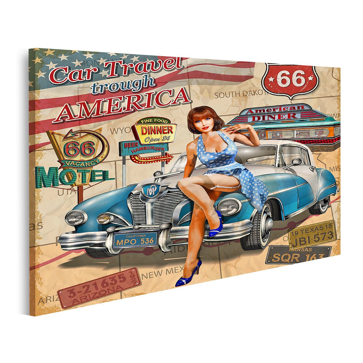 islandburner Leinwandbild »Bild auf Leinwand Auto Reisen durch Amerika Vintage Poster Wandbild ...