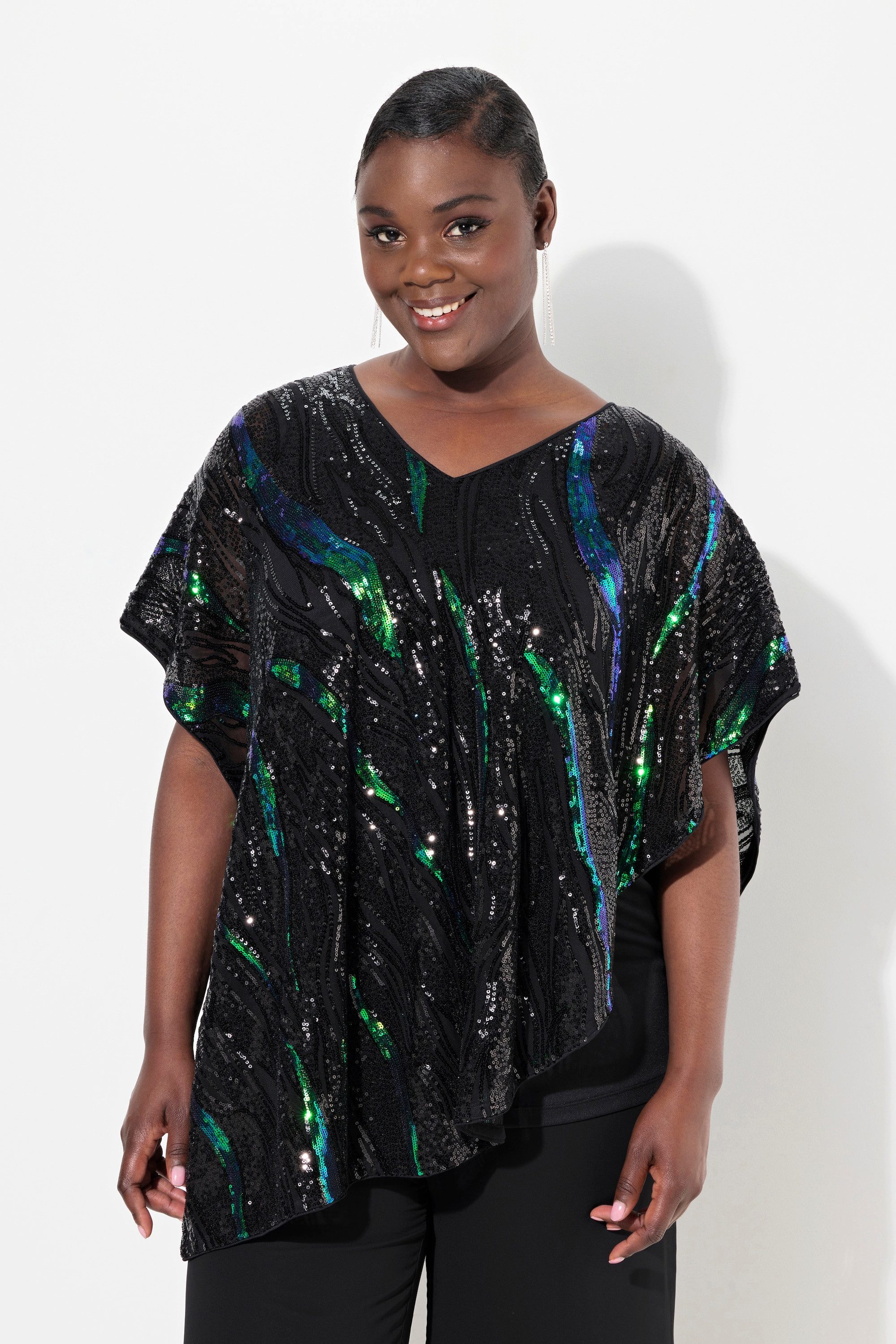Ulla Popken Longbluse Bluse oversized Pailletten Chiffon doppellagig
