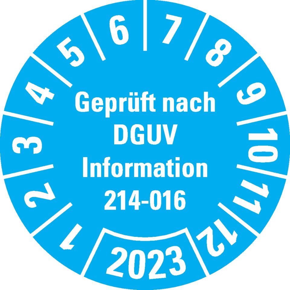 König Werbeanlagen Hinweisschild Prüfplak. Geprüft DGUV Info. 214-016,2023,hellblau,Dokufolie ...