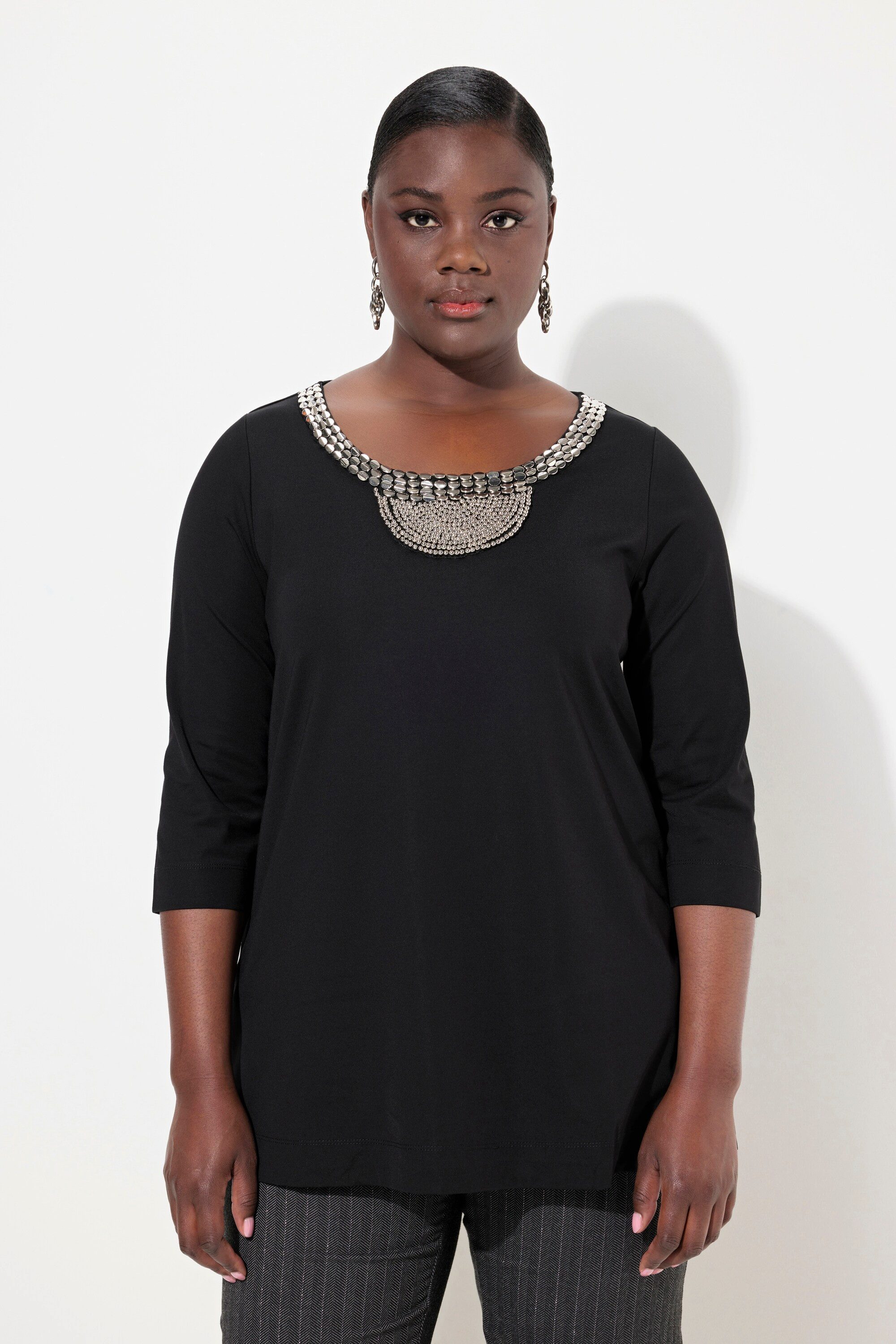 Ulla Popken Rundhalsshirt Shirt Perlenstickerei A Linie Rundhals 34 Arm