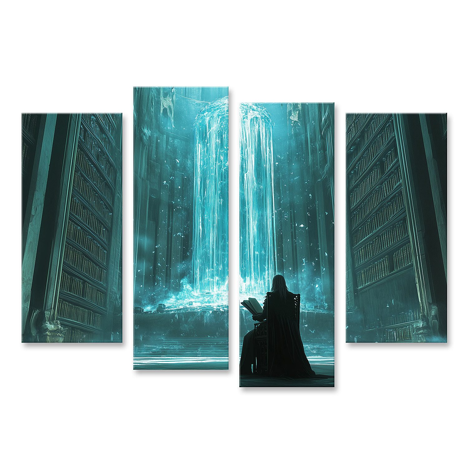 islandburner Leinwandbild Magische Bibliothek mit leuchtendem Wasserfall
