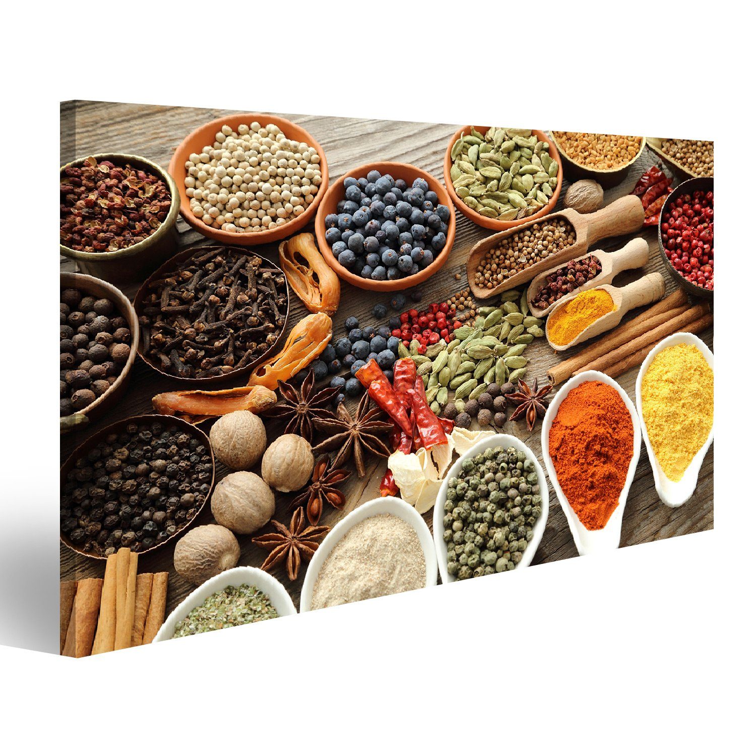 islandburner Leinwandbild »Bild auf Leinwand Aromatische Gewürze In Metall Und Keramik Bowls ...
