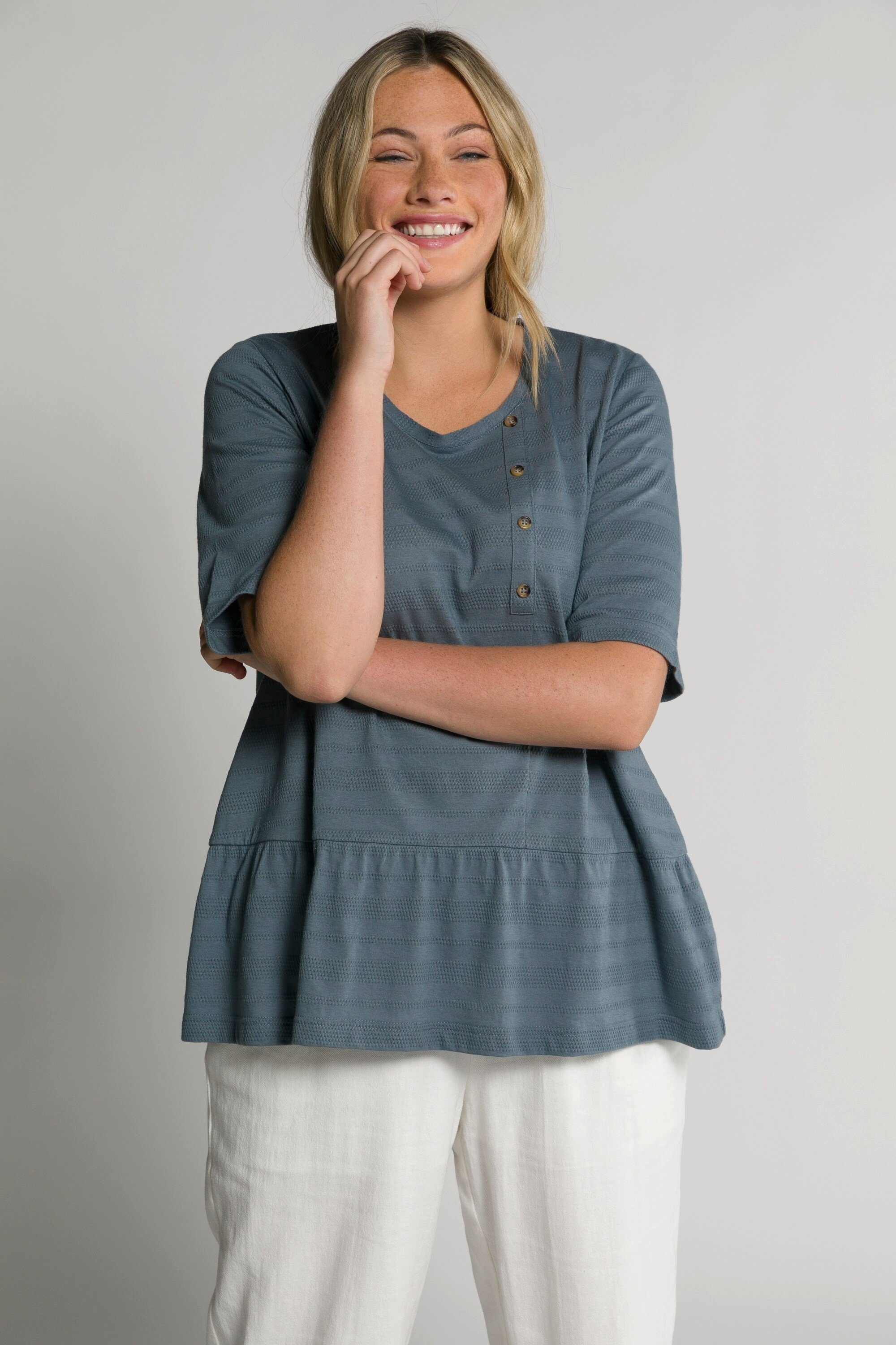 Ulla Popken Rundhalsshirt T Shirt Knöpfe A Linie Rundhals Halbarm